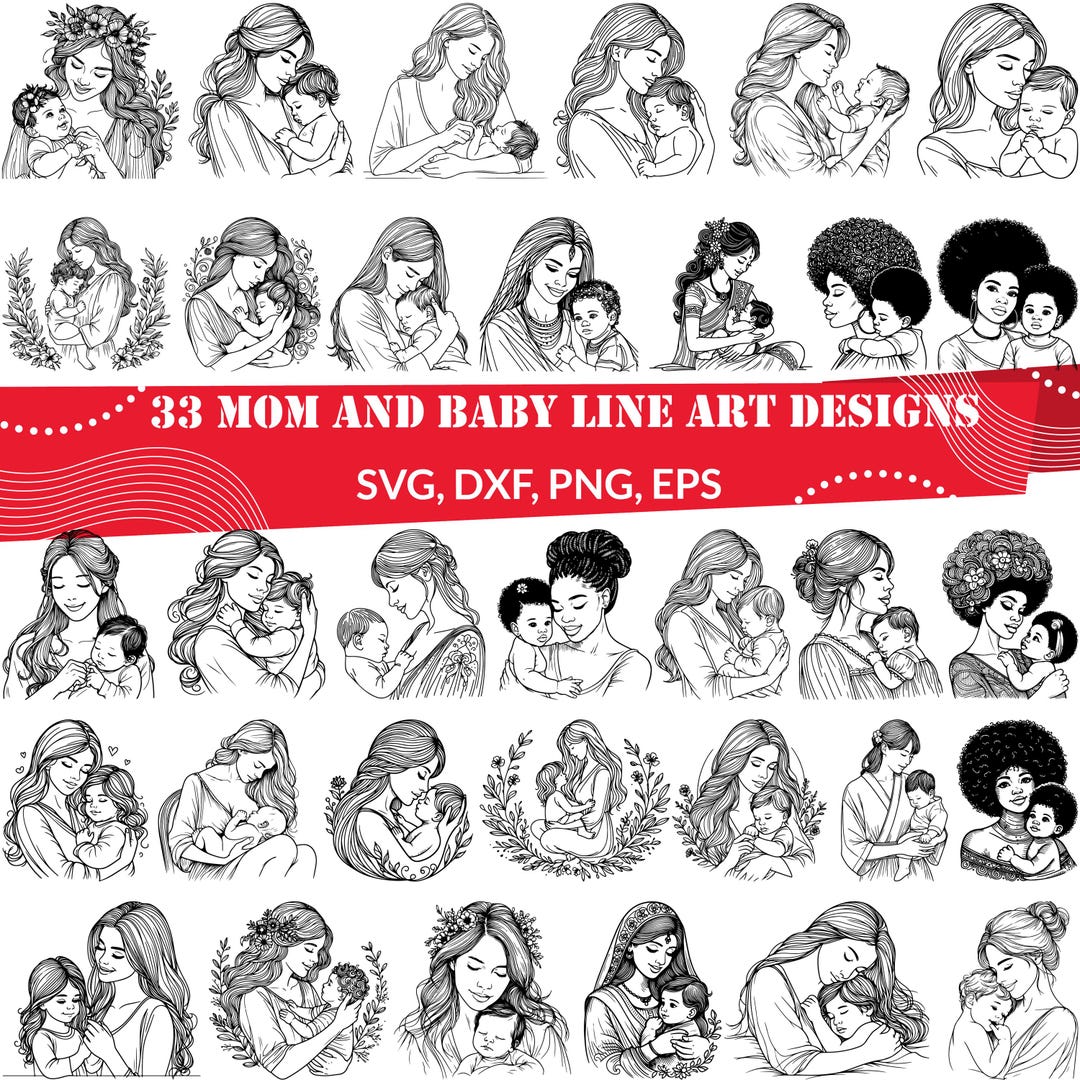 Mom and Baby Line Art SVG Bundle, Mom and Baby Dxf, Mom and Baby Png ...