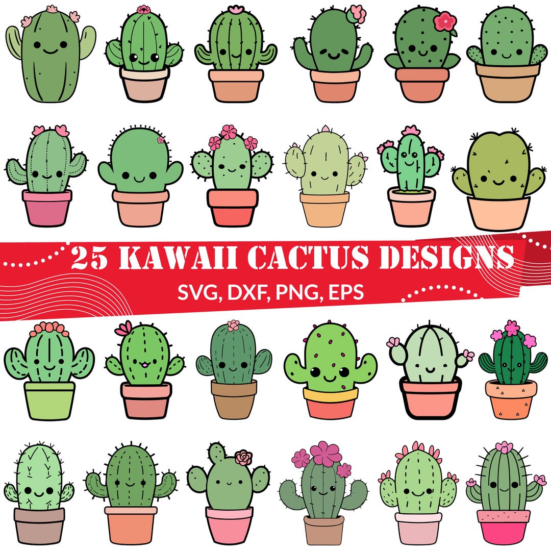 Kawaii Cactus Bundle, Cute Cactus Clipart, Succulent Clipart, Kawaii ...