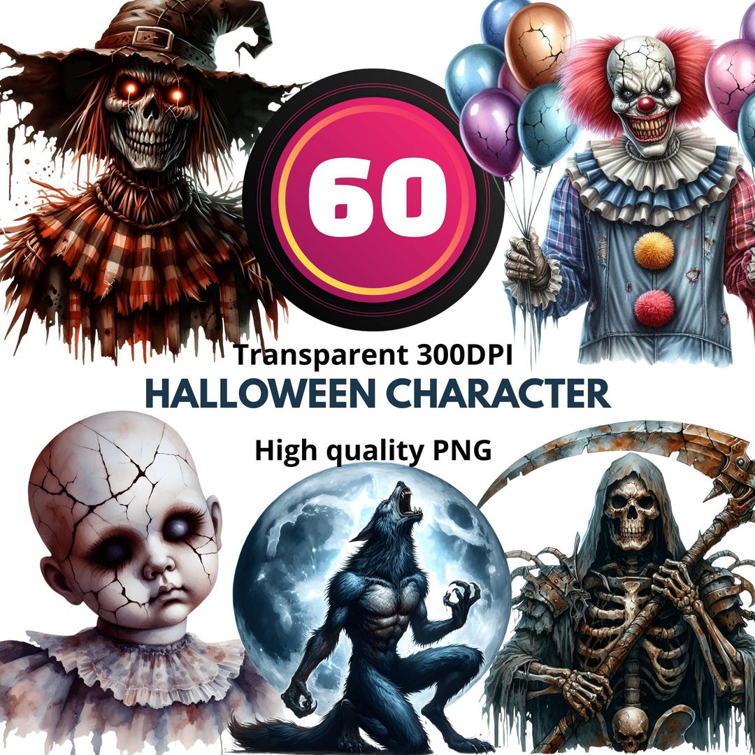 60 Halloween Character PNG Bundle – Creepy Clown, Grim Reaper, Scary ...