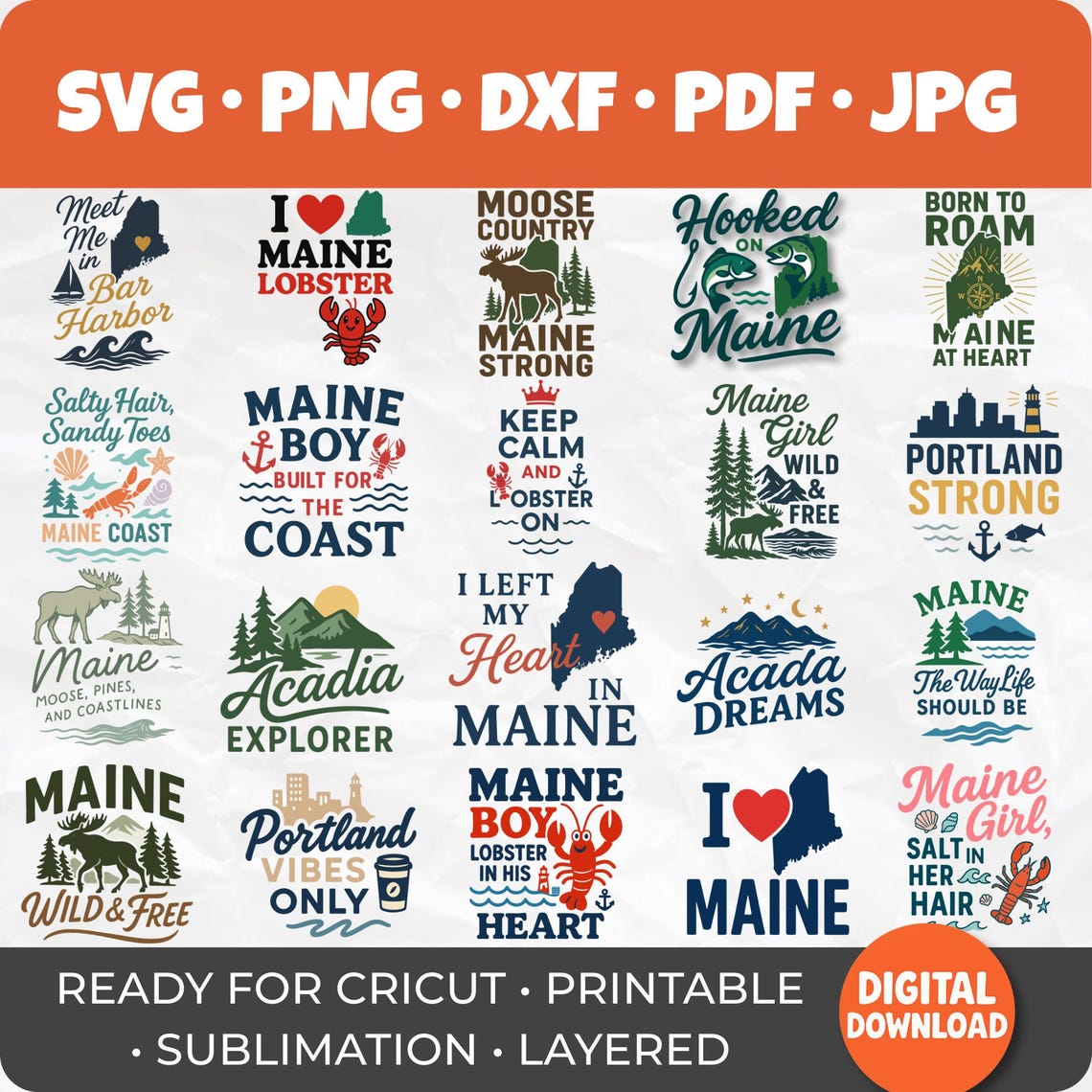 Maine SVG Bundle | 20 Coastal Quotes and Lobster, Moose, Portland ...