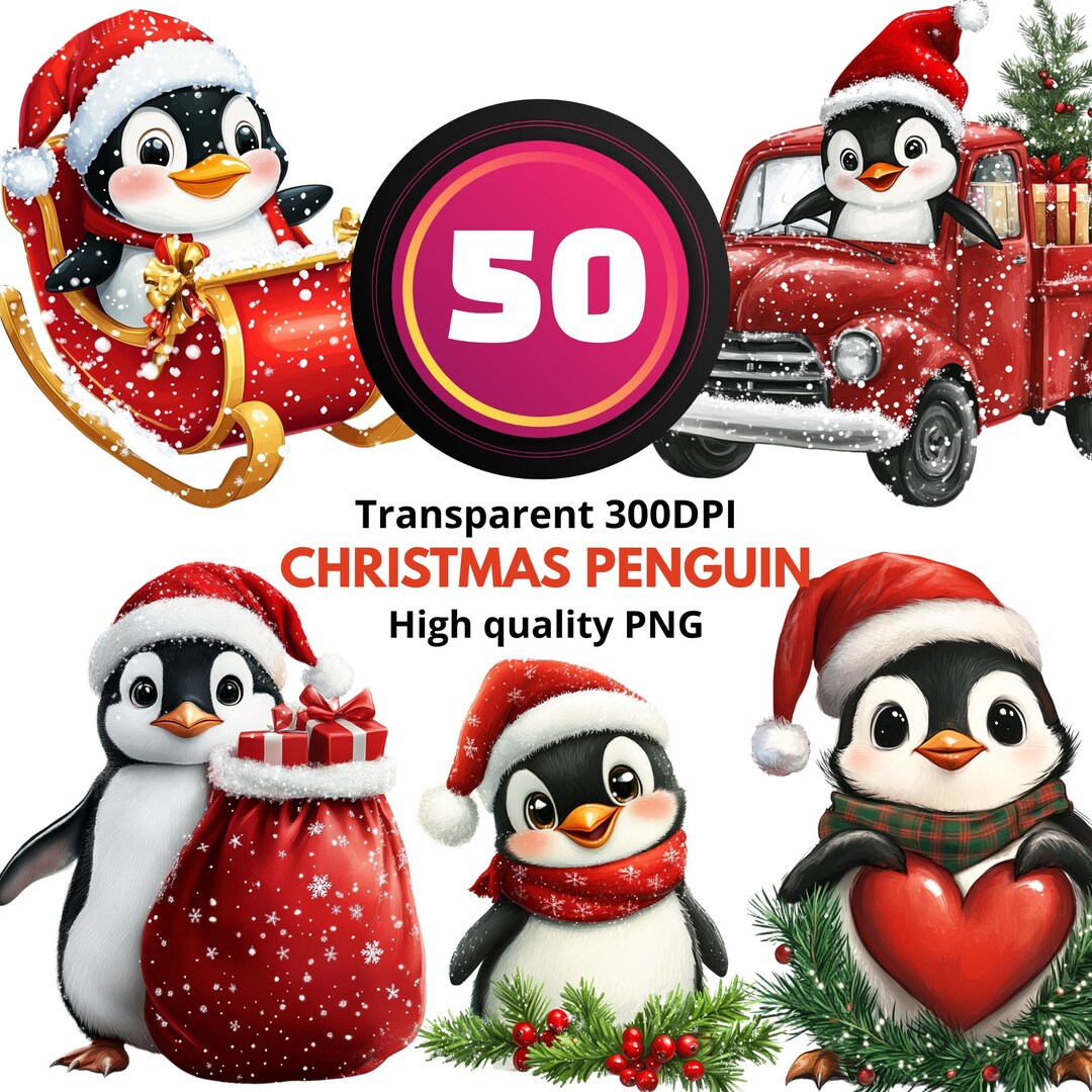 50 Christmas Penguin Clipart Set – Cute Holiday Penguin PNG Bundle ...