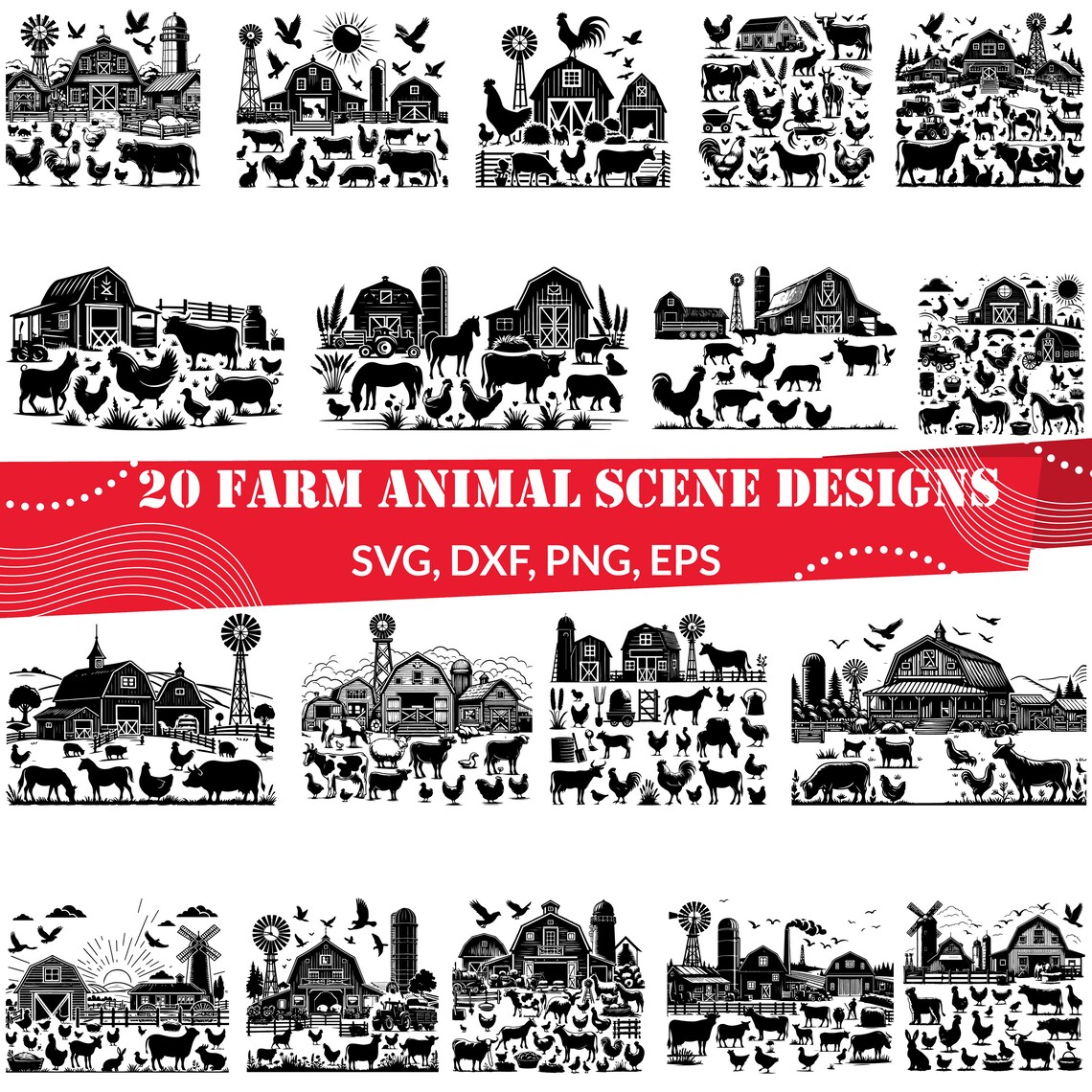 20 Farm Animal Scene SVG Bundle, Country Life Silhouette, Barnyard ...