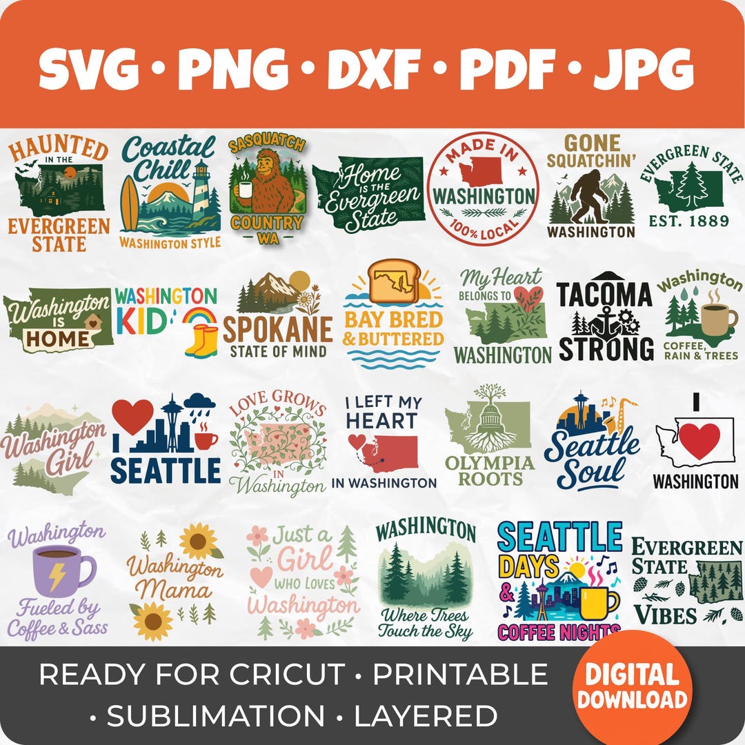 Washington State SVG Bundle With 32 Designs for Sublimation, Cricut ...