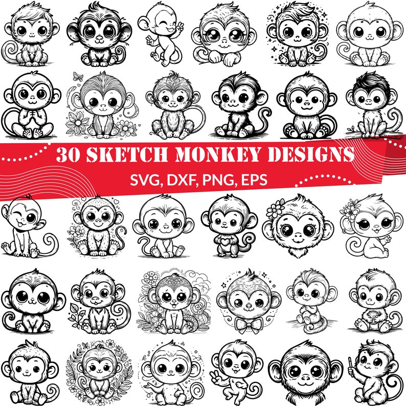 Skizze Affe SVG, Hand gezeichnete Affe Clipart, Dschungeltier Vektor ...