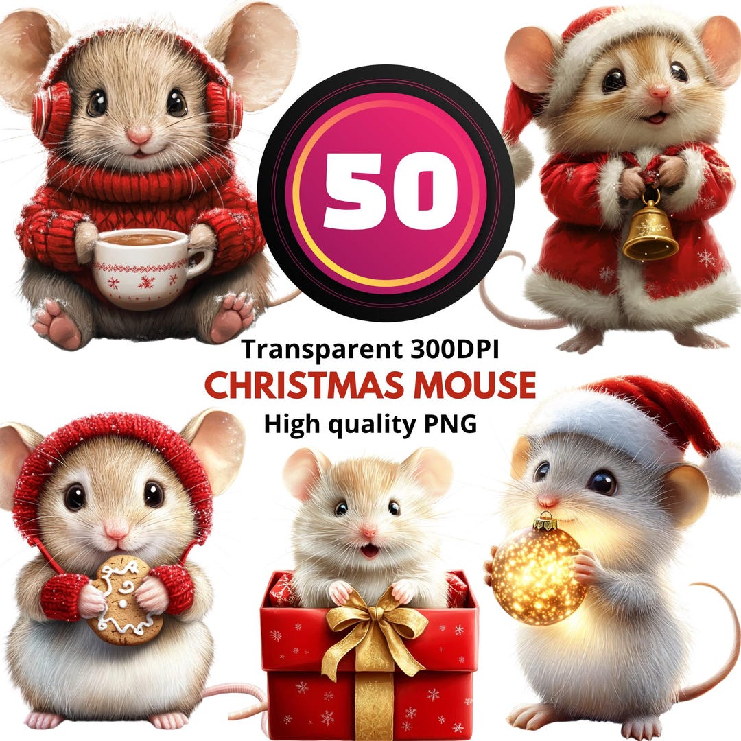 50 Christmas Mouse Clipart Set – Cute Holiday Mouse PNG Bundle, Festive ...