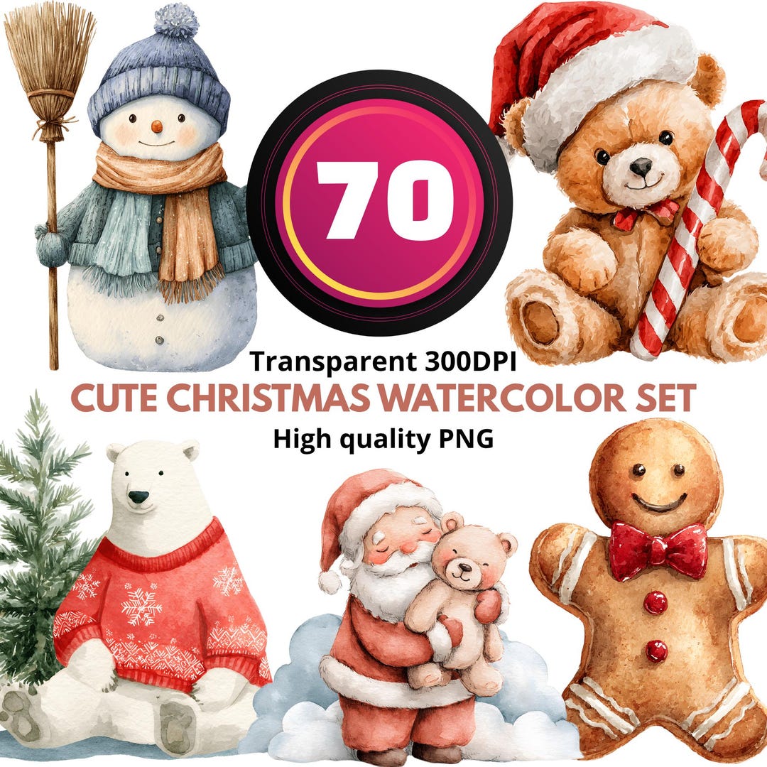 70 Cute Christmas Watercolor Clipart Set – Watercolor Christmas PNG ...