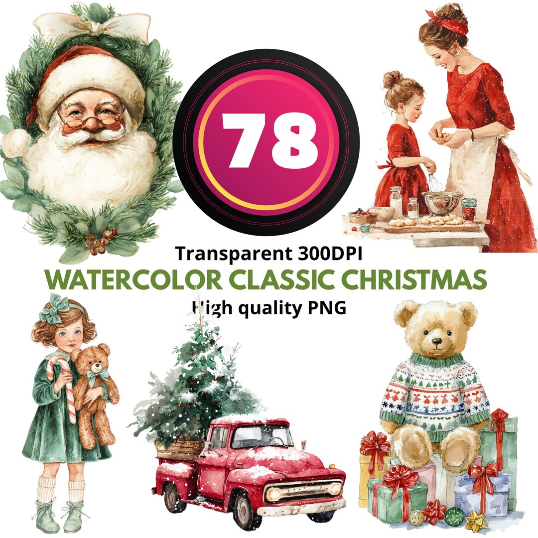 78 Watercolor Classic Christmas PNG Bundle – Vintage Christmas Clipart ...
