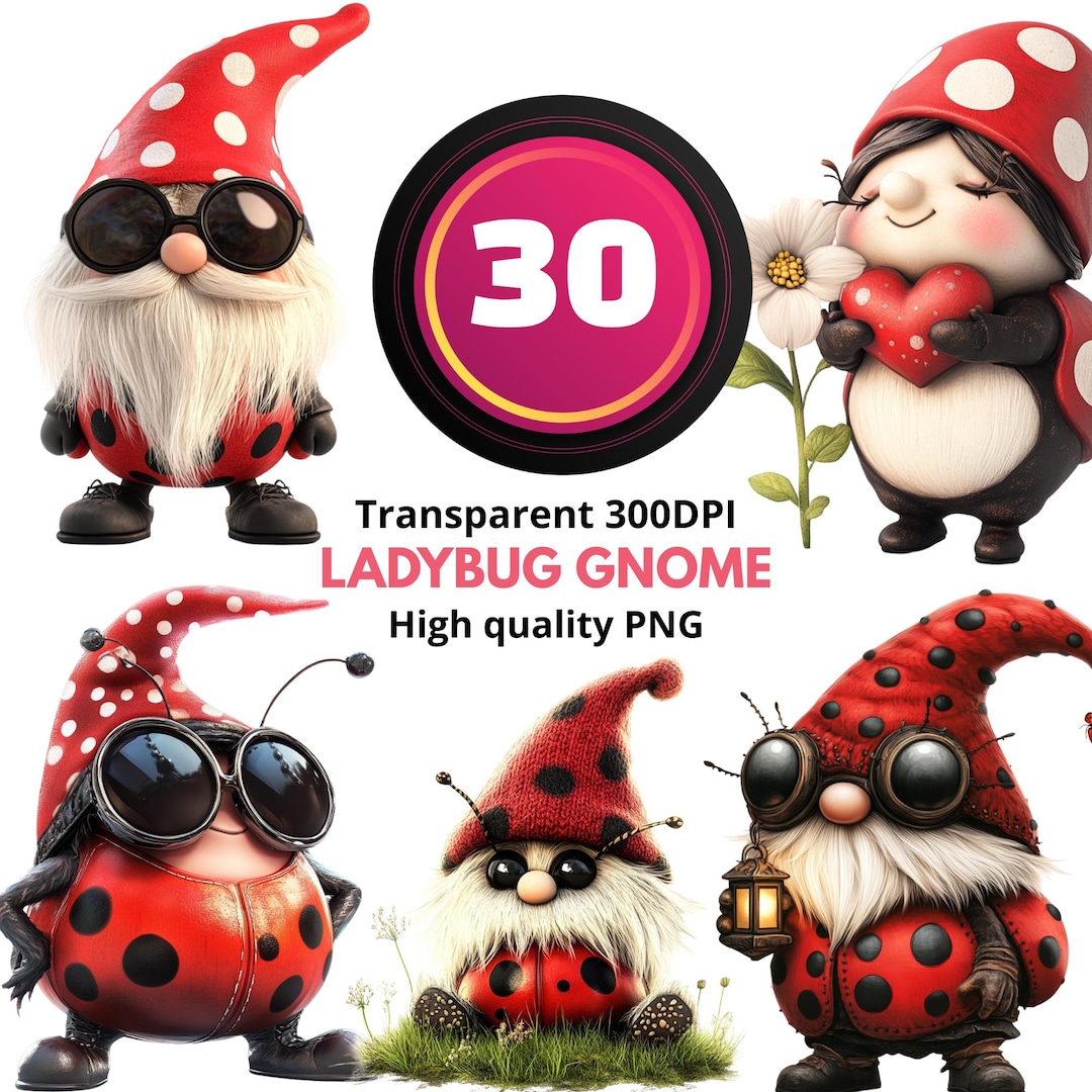30 Ladybug Gnome PNG Set | Cute Red Gnomes With Polka Dot Hats & Spring ...