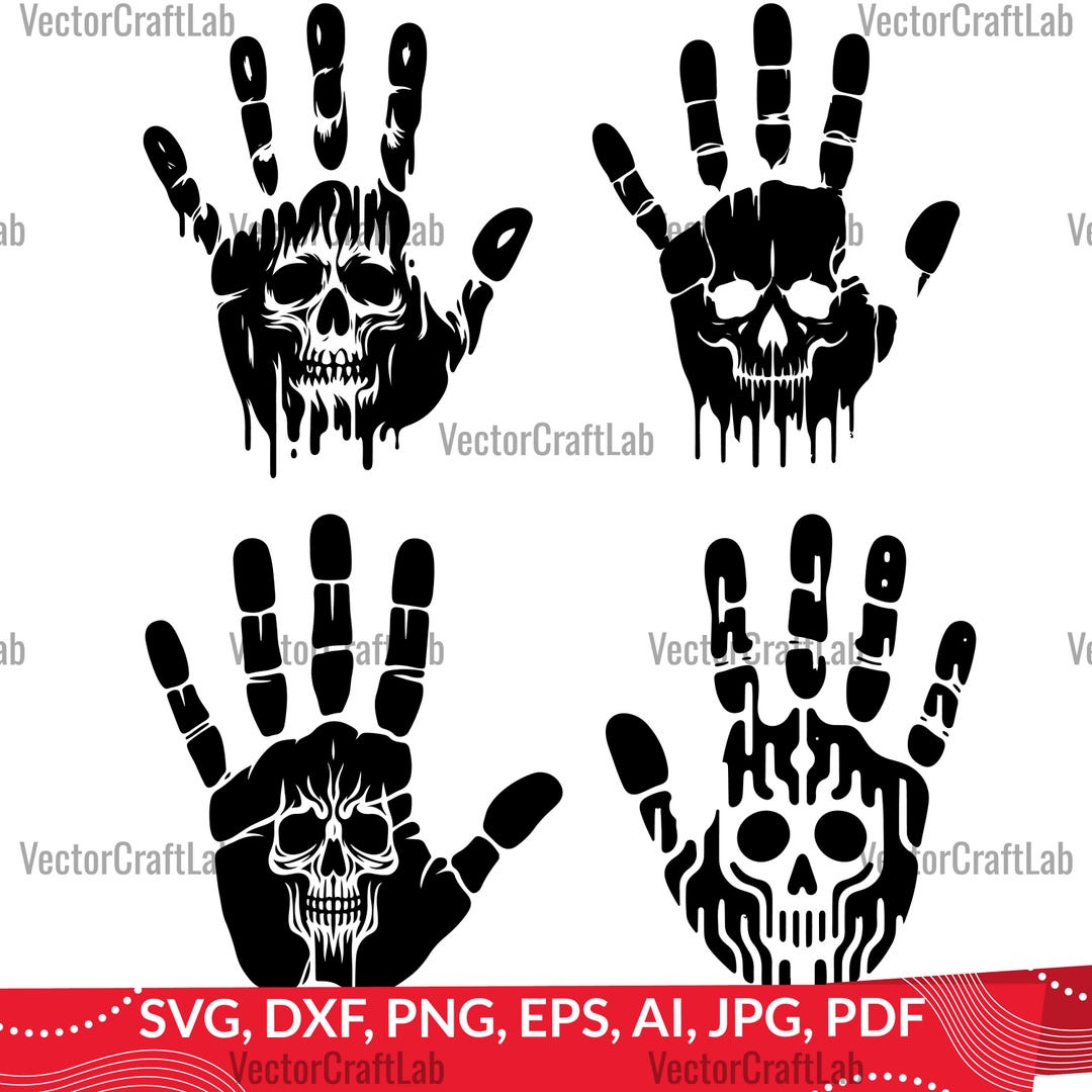 Skull Handprint SVG Bundle | Dripping Skeleton Palm Clipart PNG ...