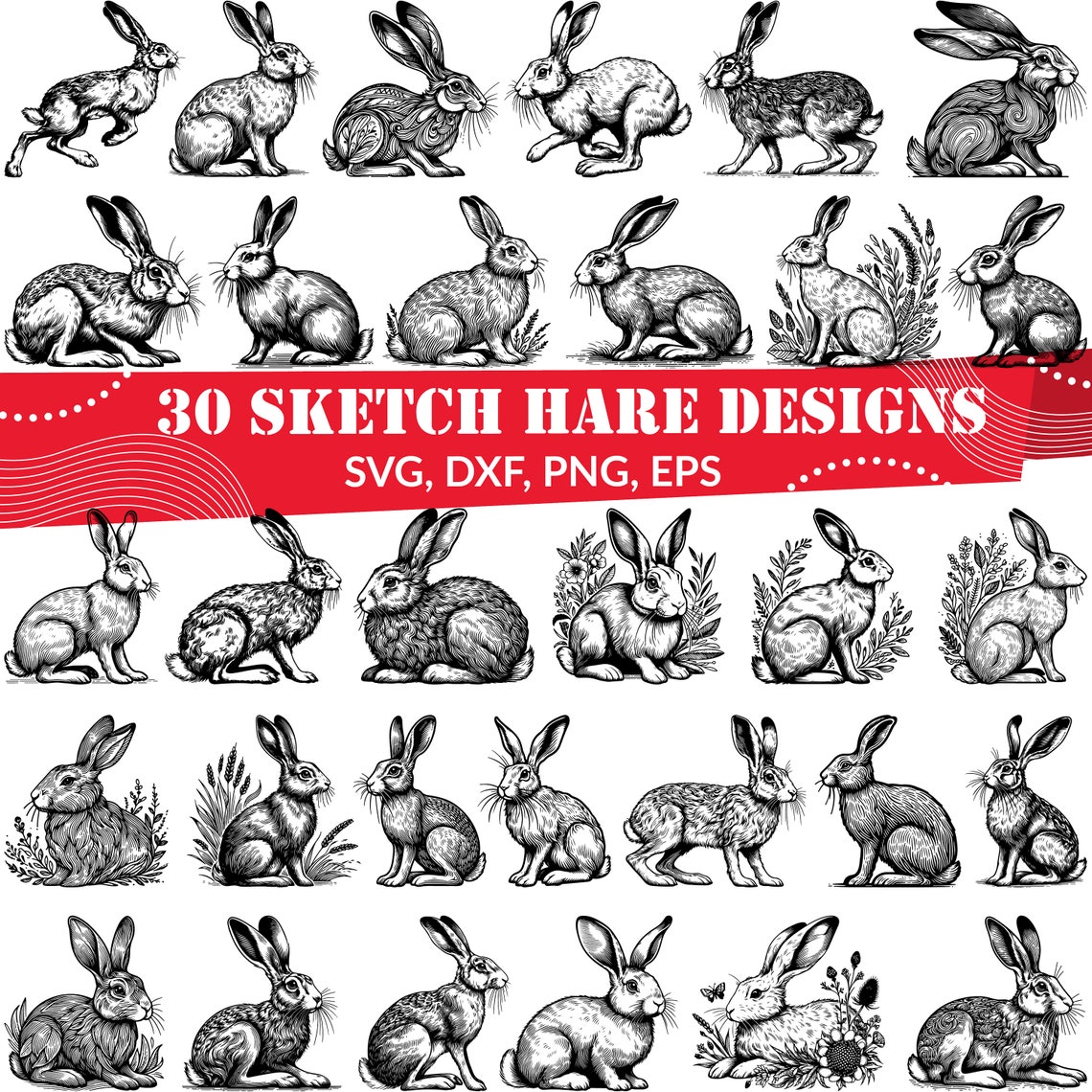 Skizze Hase SVG Bundle, Blumen Hase svg, Hase dxf, Speck png, Hase ...