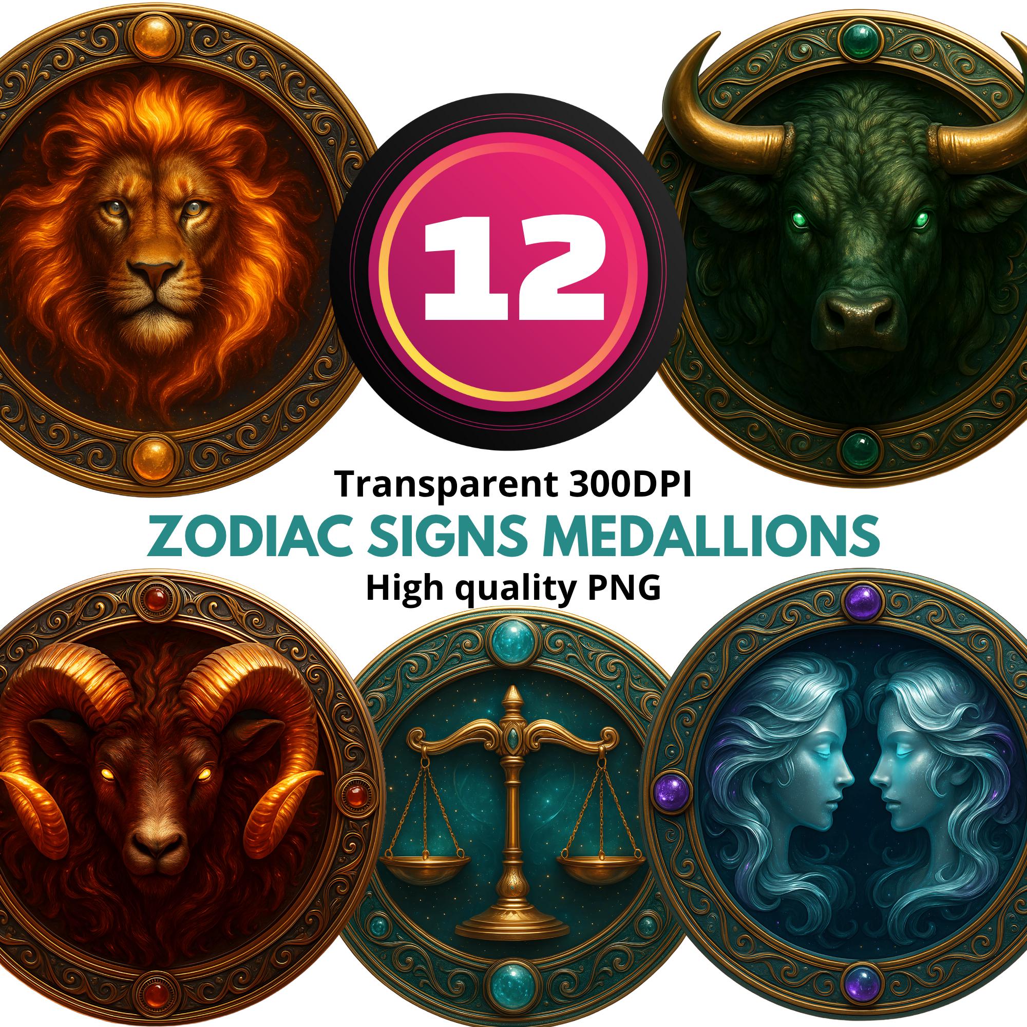 12 Zodiac Signs Medallions Clipart Set – Astrological PNG Bundle ...
