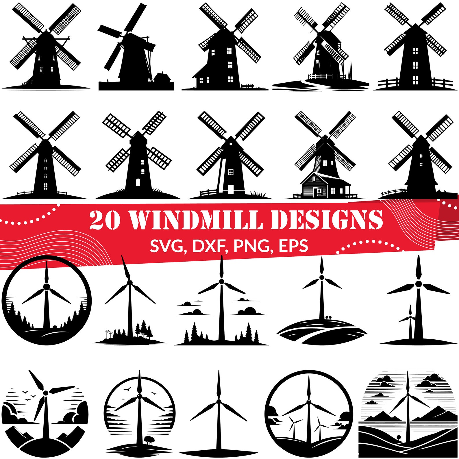 Windmill SVG Bundle, Windmill Dxf, Wind Turbine Svg, Windmill Png ...