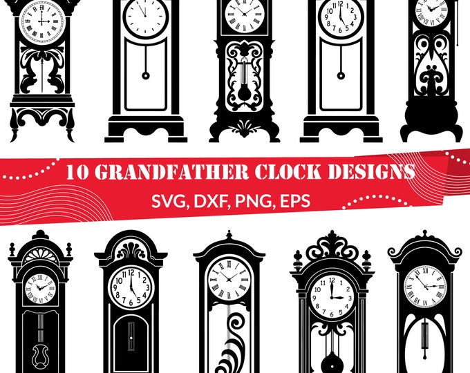 Grandfather Clock Vector Clipart Set / Outline & Stamp Drawing ...