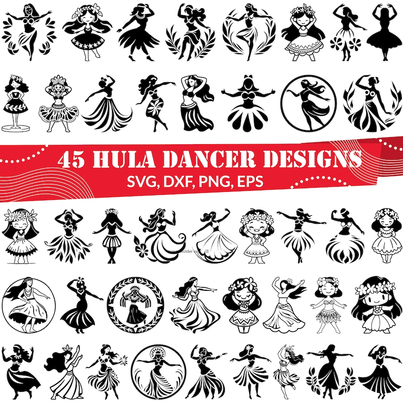 45 Hula Dancer SVG Bundle, Hawaiian Girl Silhouette, Luau Party PNG ...