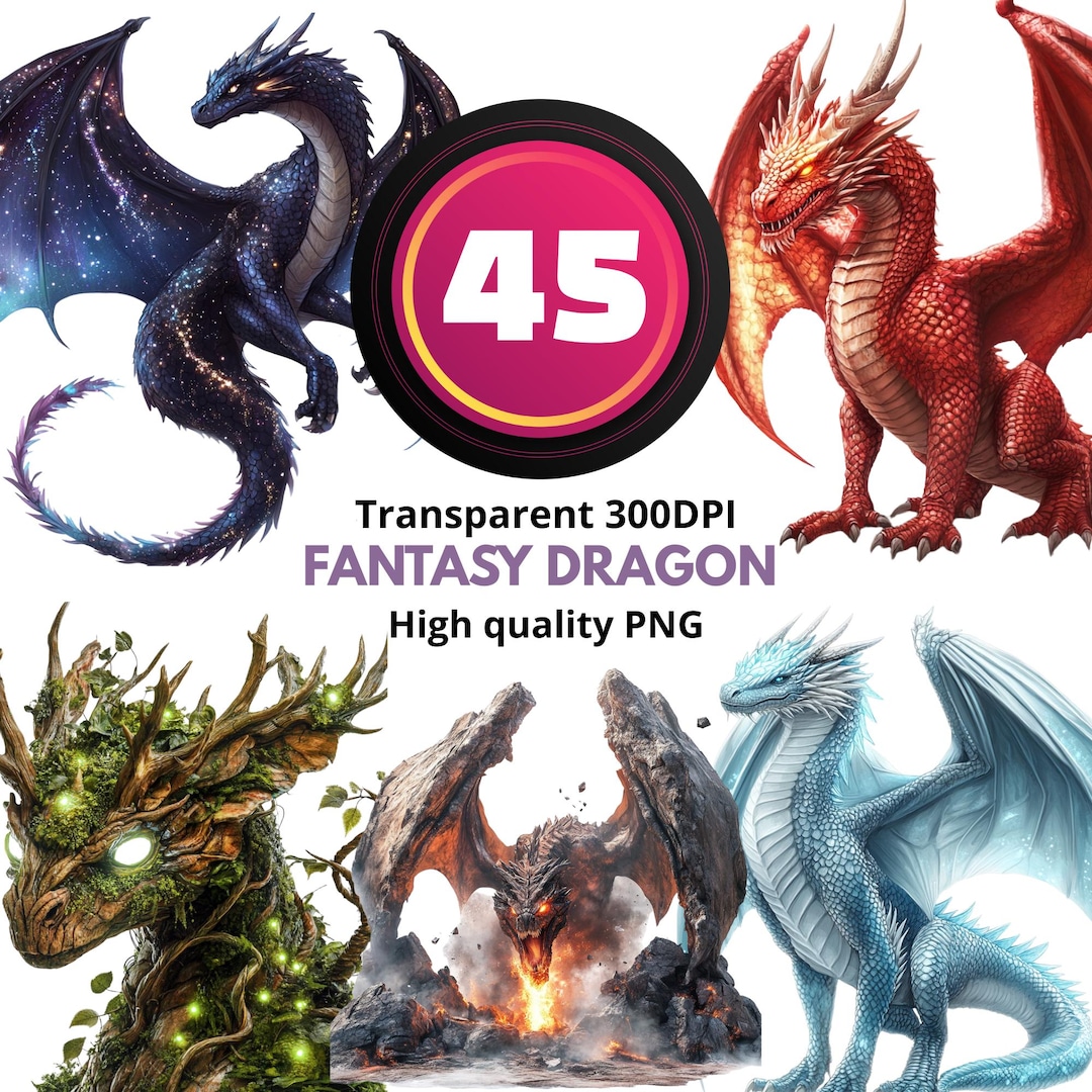 45 Fantasy Dragon Clipart Set – Mythical Creature PNG Bundle, Fire, Ice ...
