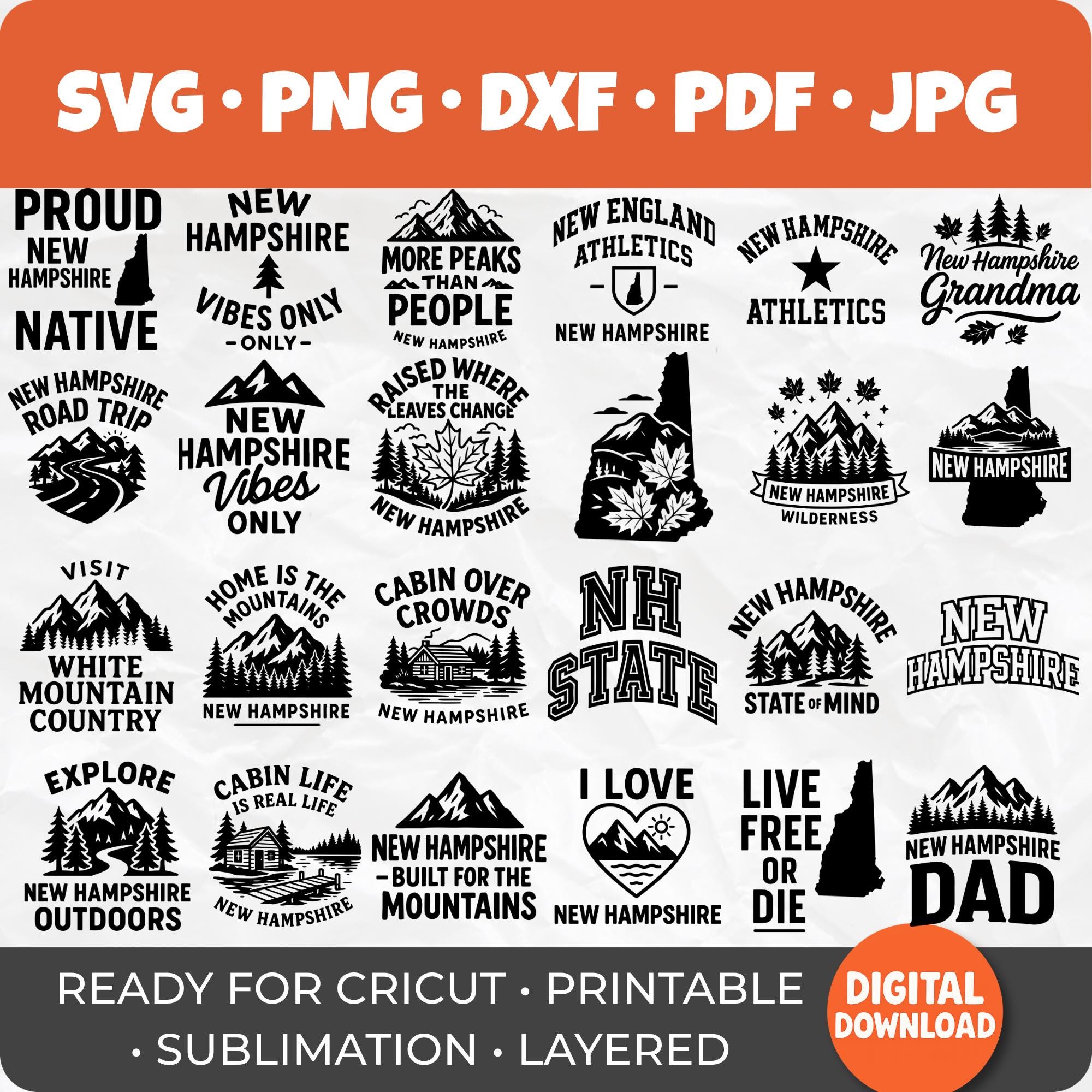 New Hampshire SVG Bundle, NH State Map Silhouette, White Mountains ...