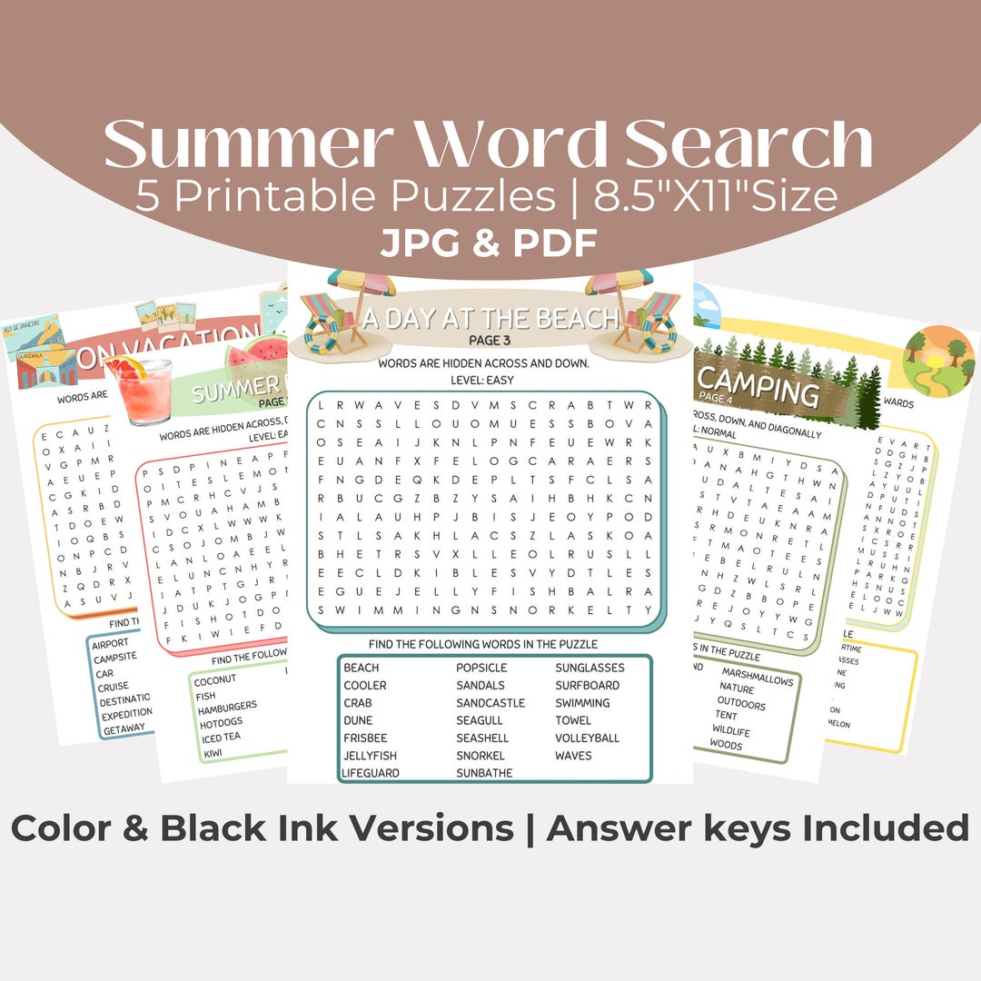 Digital Summer Word Search Puzzles, Printable Word Search Puzzles, PDF ...
