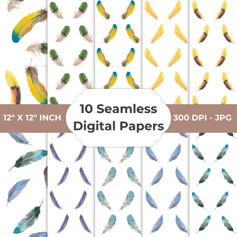 Printable Feather Digital Paper, Seamless Pattern, Watercolor Boho ...