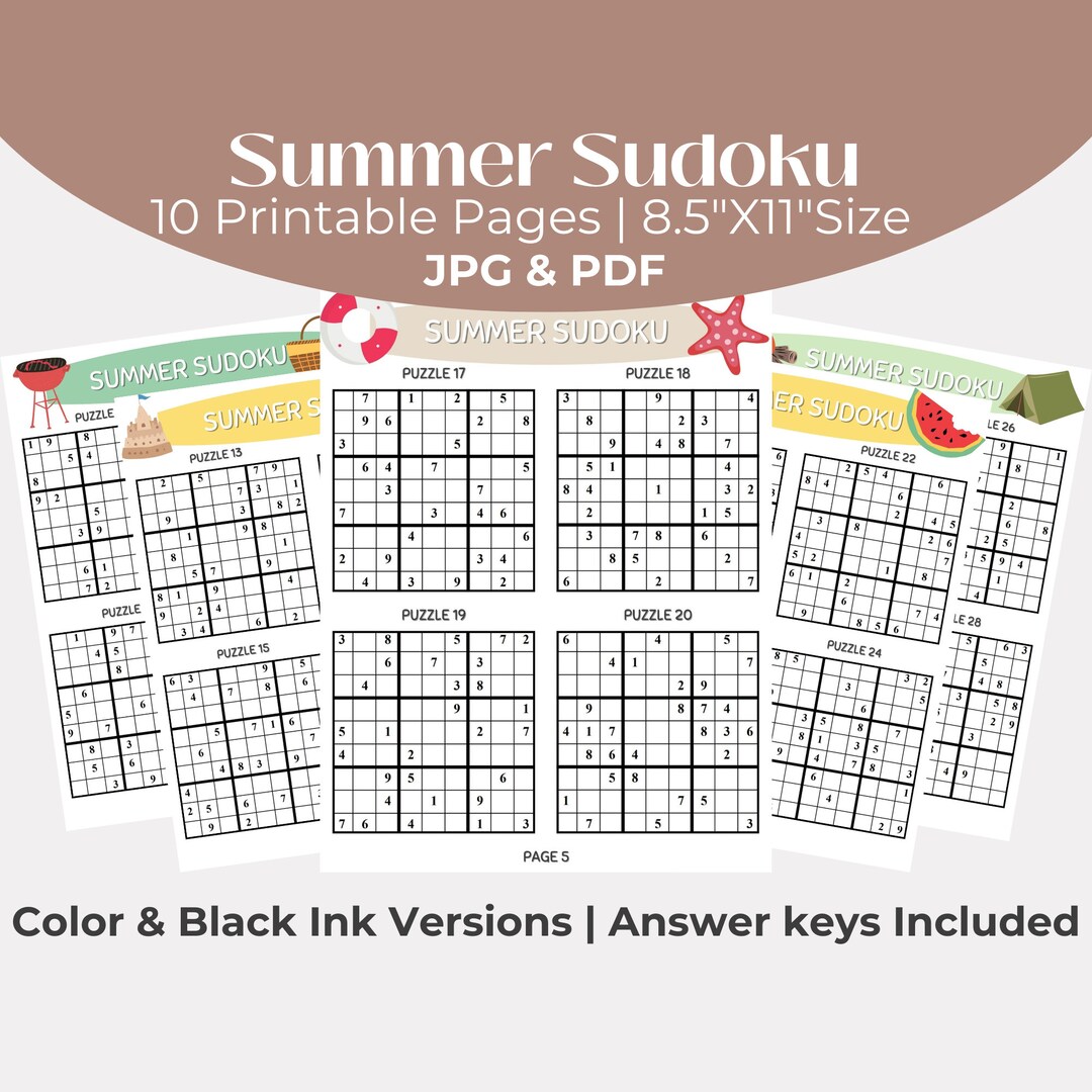 Digital Summer Sudoku Puzzles, Printable Sudoku Puzzles, PDF, JPG, US ...