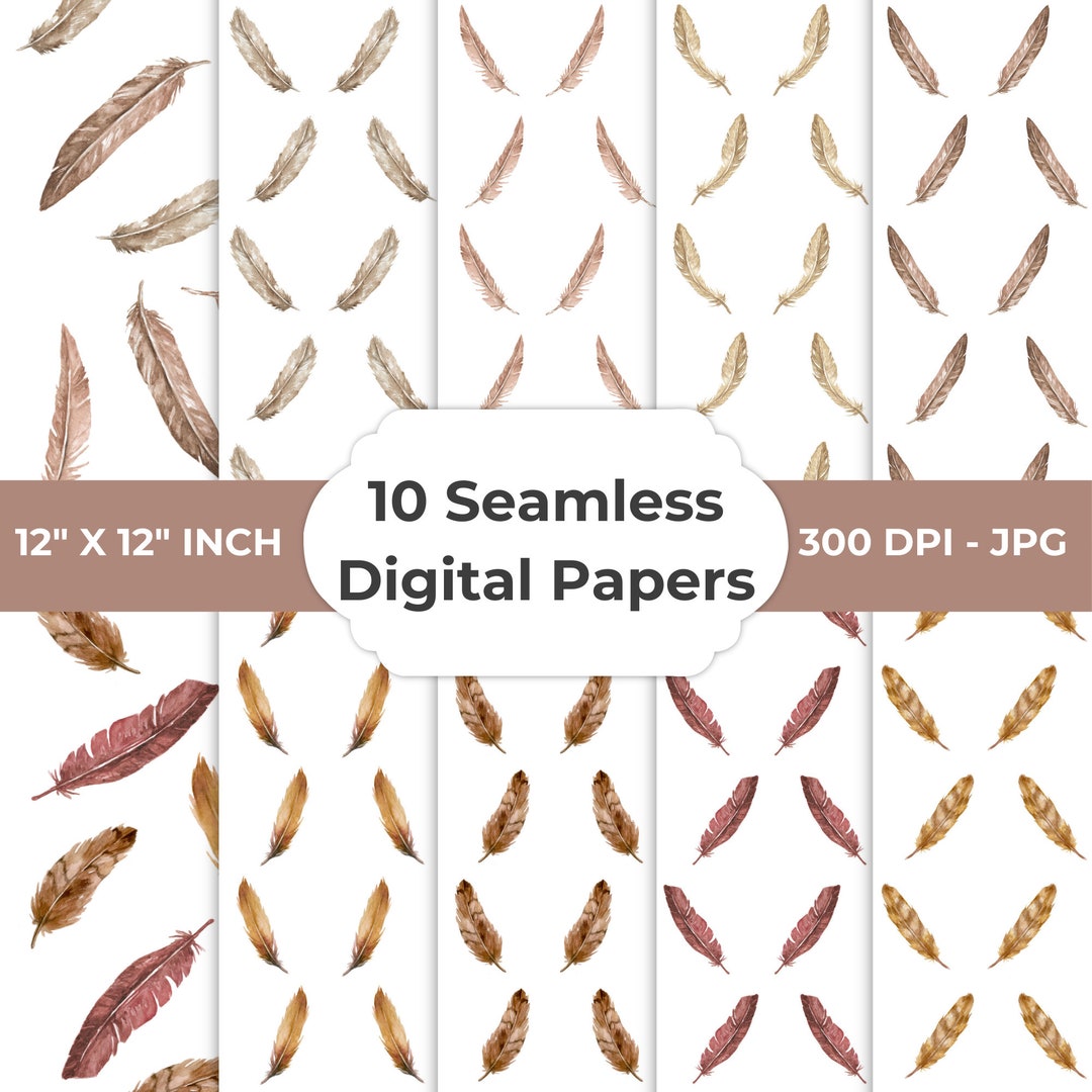 Printable Feather Digital Paper, Seamless Pattern, Watercolor Boho ...