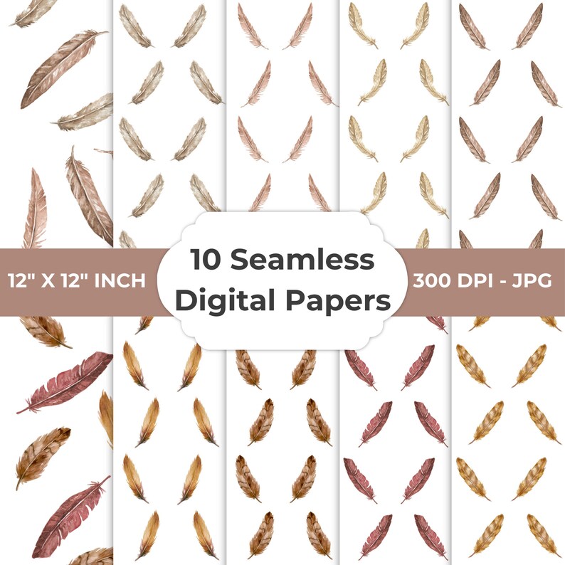 Printable Feather Digital Paper, Seamless Pattern, Watercolor Boho ...