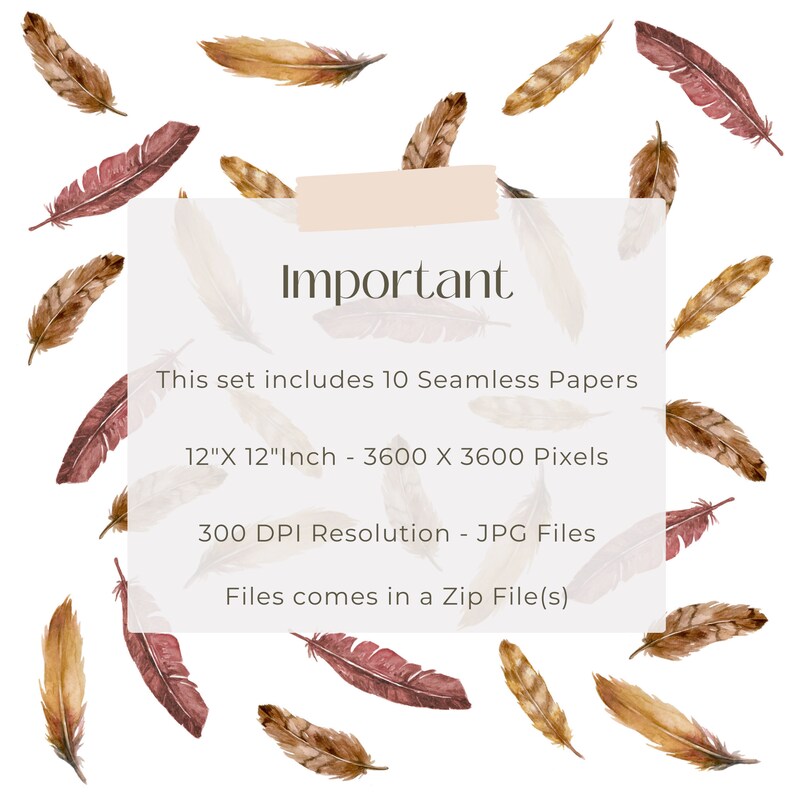 Printable Feather Digital Paper, Seamless Pattern, Watercolor Boho ...