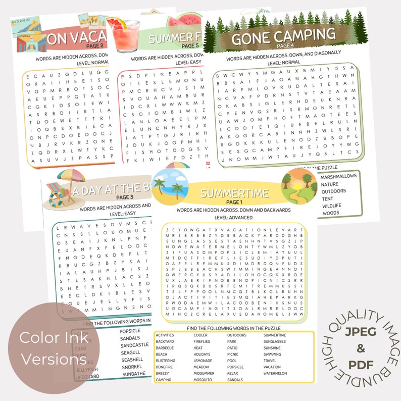Digital Summer Word Search Puzzles, Printable Word Search Puzzles, PDF ...
