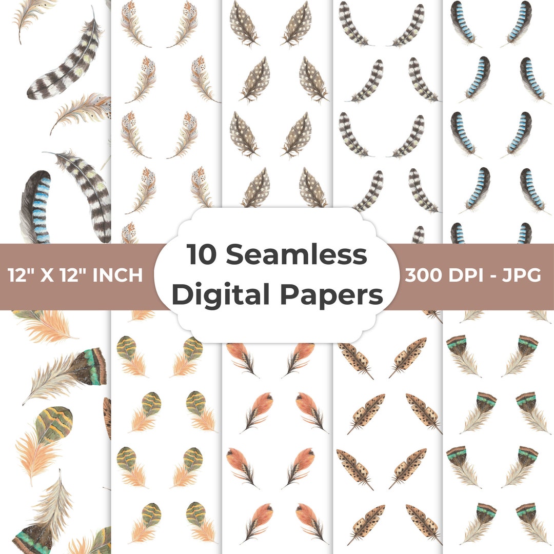 Printable Feather Digital Paper, Seamless Pattern, Watercolor Boho ...