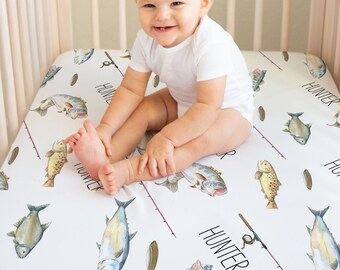 Fitted Crib Sheet With Fish, Lake Themed Nursery Bedding Set, Trout and ...