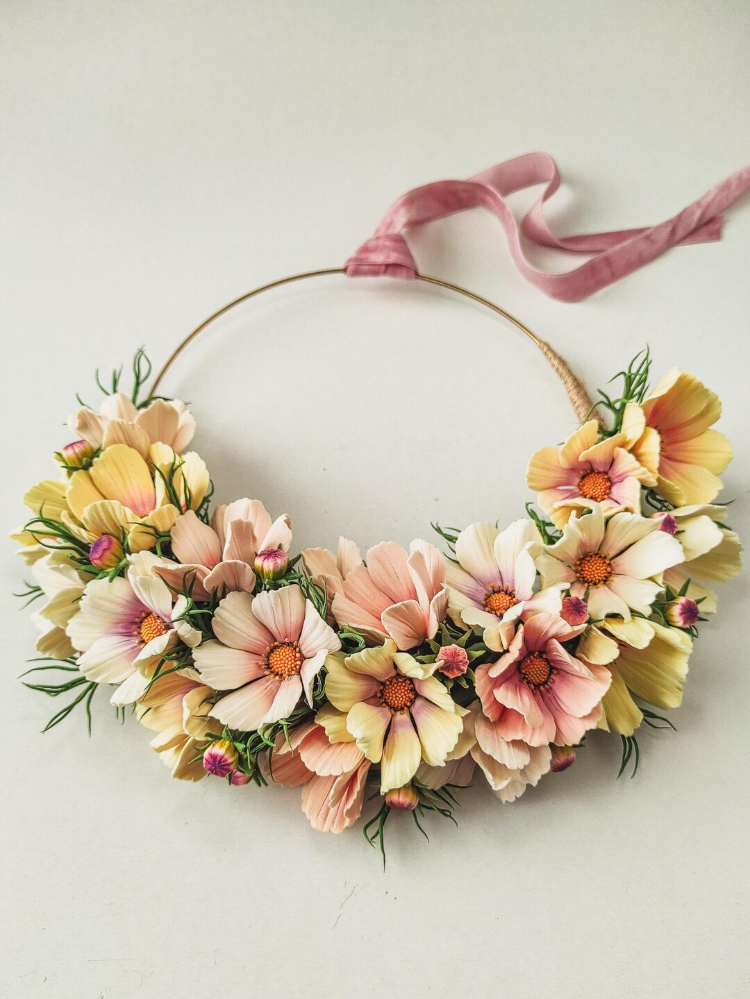 Hand Sculpted Clay Cosmea Wreath | Apricot Cosmos Floral Decor - Etsy