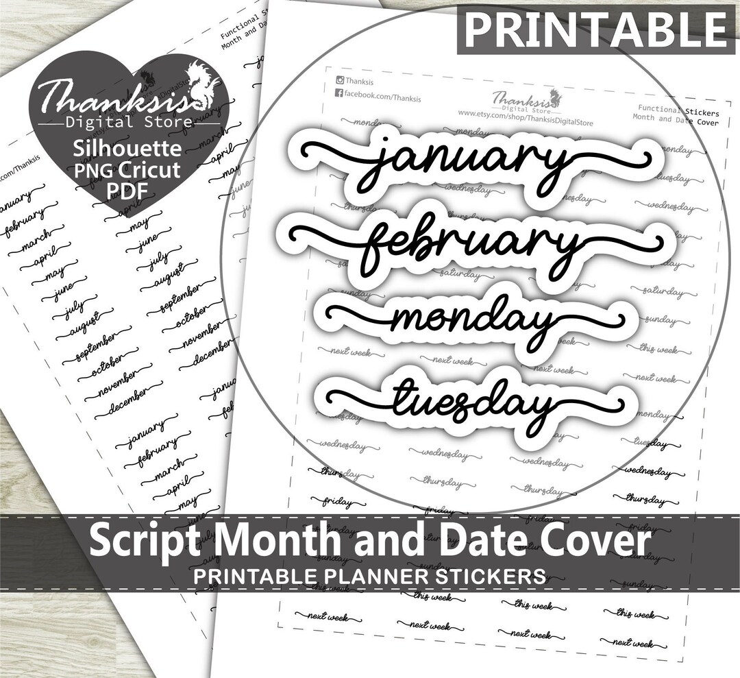 Script Month and Date Cover Printable Planner Stickers, Erin Condren ...