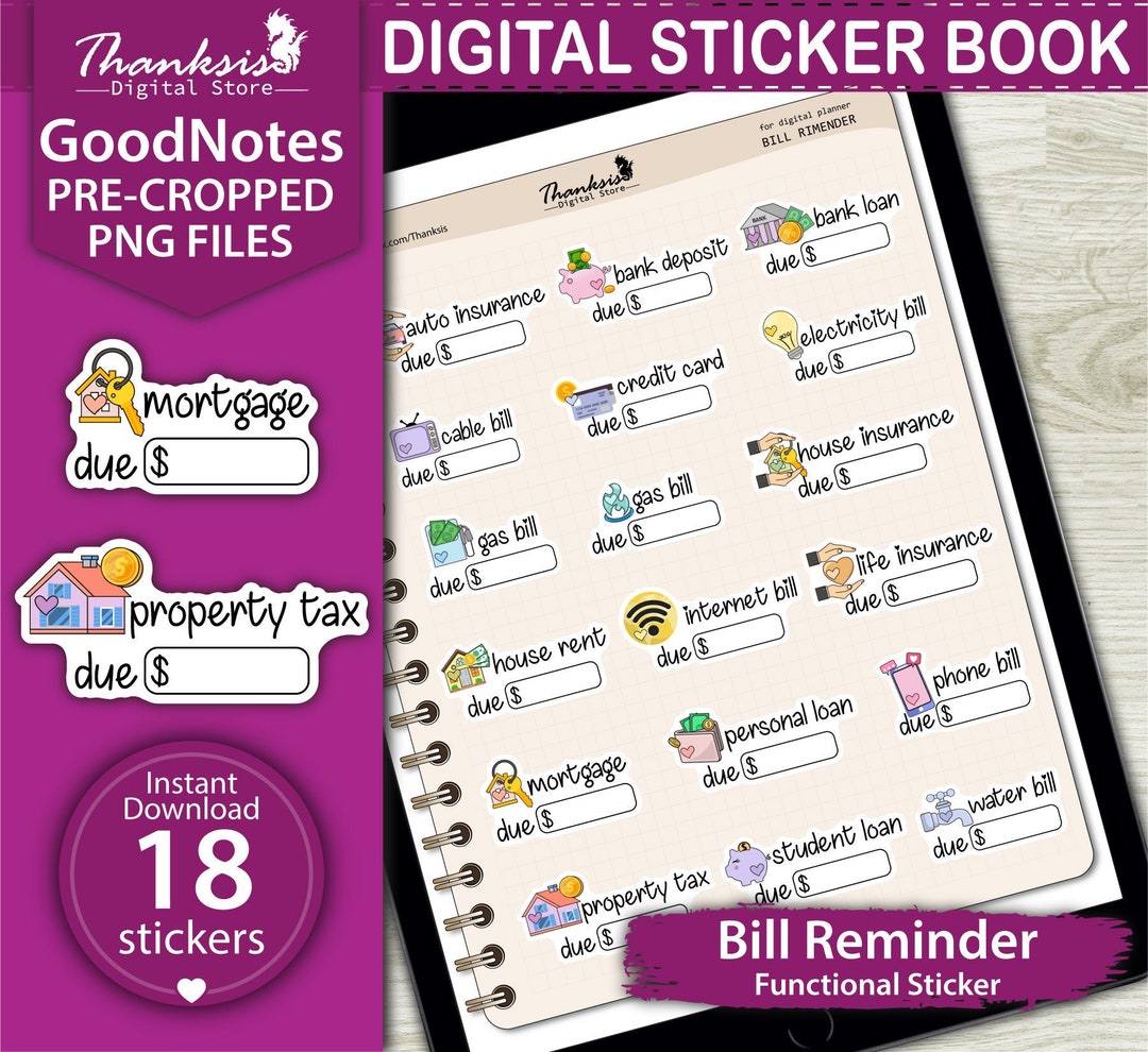 Bill Reminder Digital Book Stickers, Goodnotes Sticker Book, Pre ...