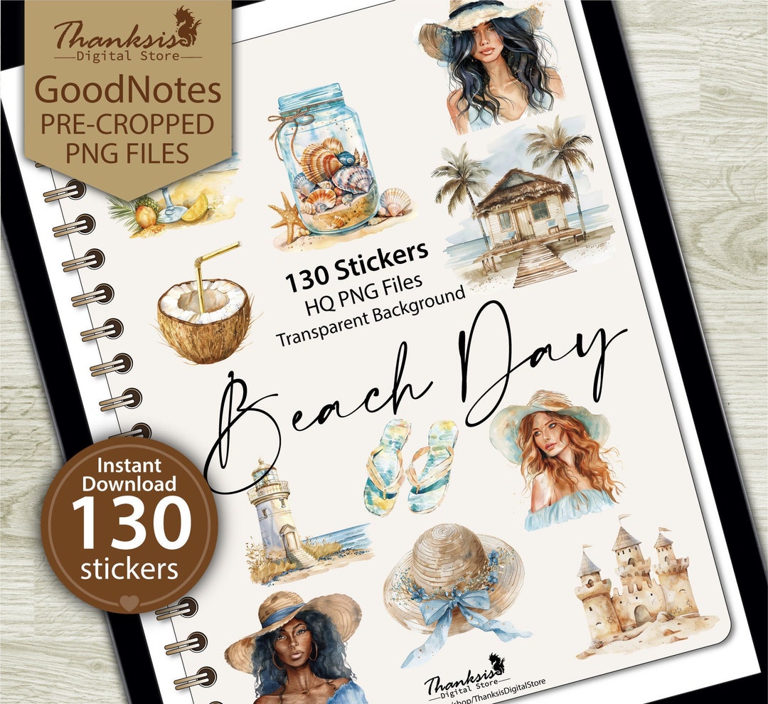 Beach Day Digital Stickers Book, Goodnotes Sticker Book, Pre Cropped ...
