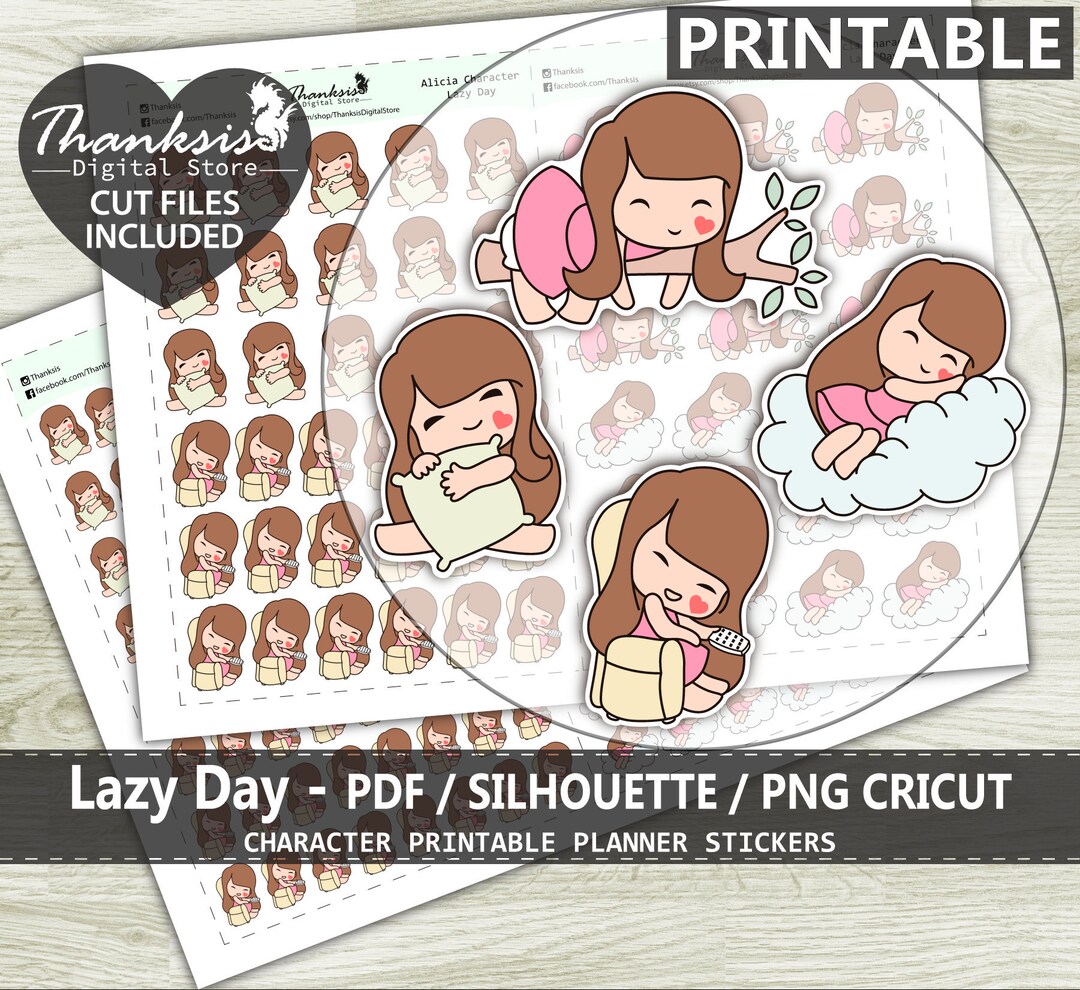 Lazy Day Printable Planner Stickers, Character Printable Sticker ...