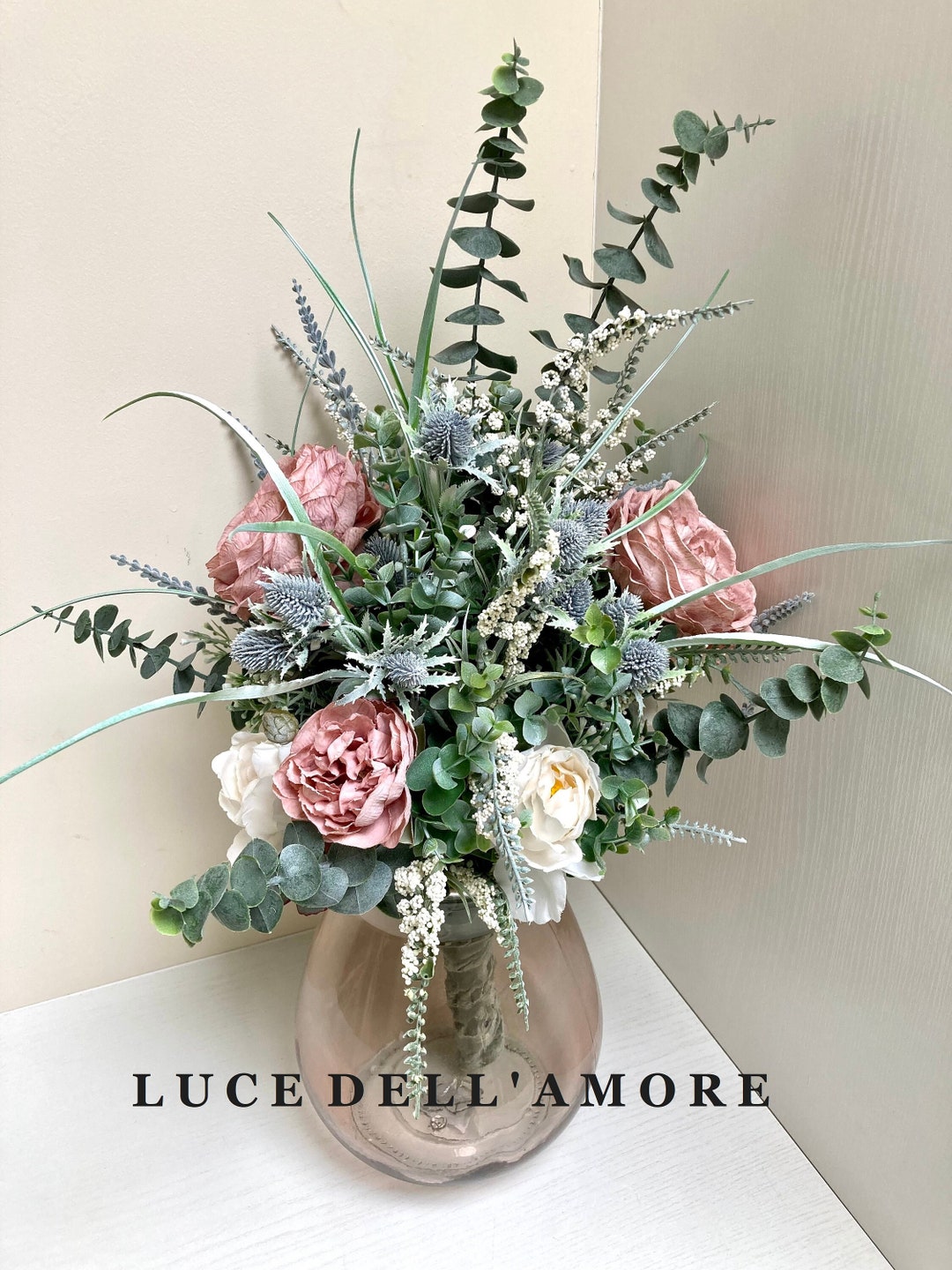 Luxury Dusky Pink Peony, Thistle, Eucalyptus and Salvia Faux Flower ...