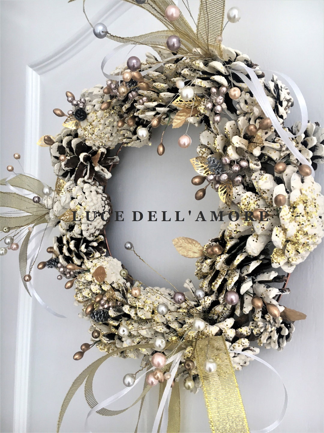 Clotted Cream and Gold Wreath With Pinecones and Pearls - Etsy