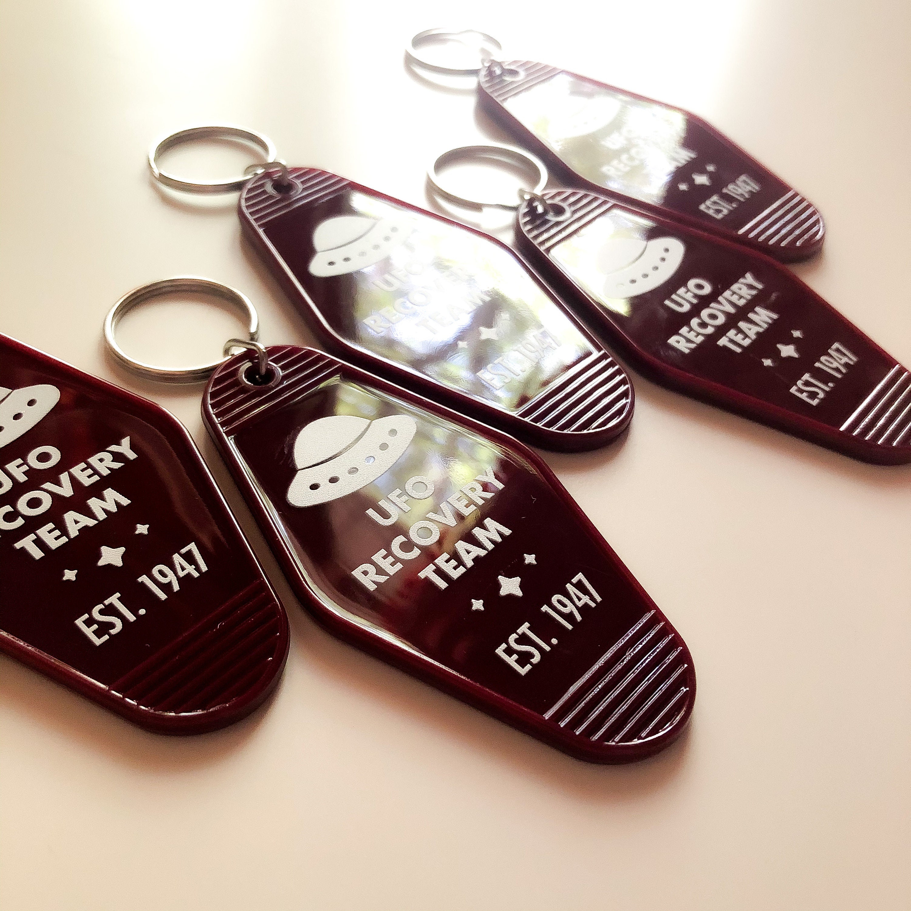 UFO Recovery Team Retro Burgundy Plastic Hotel Keychain // | Etsy