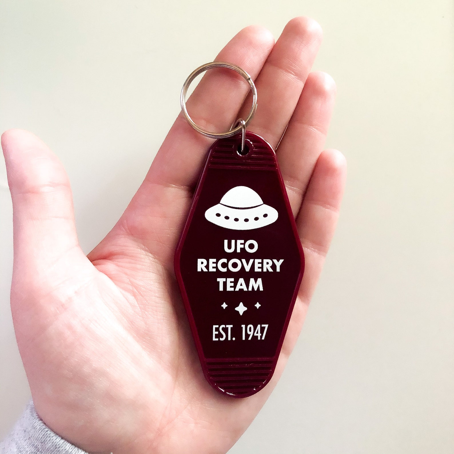 UFO Recovery Team Retro Burgundy Plastic Hotel Keychain // | Etsy