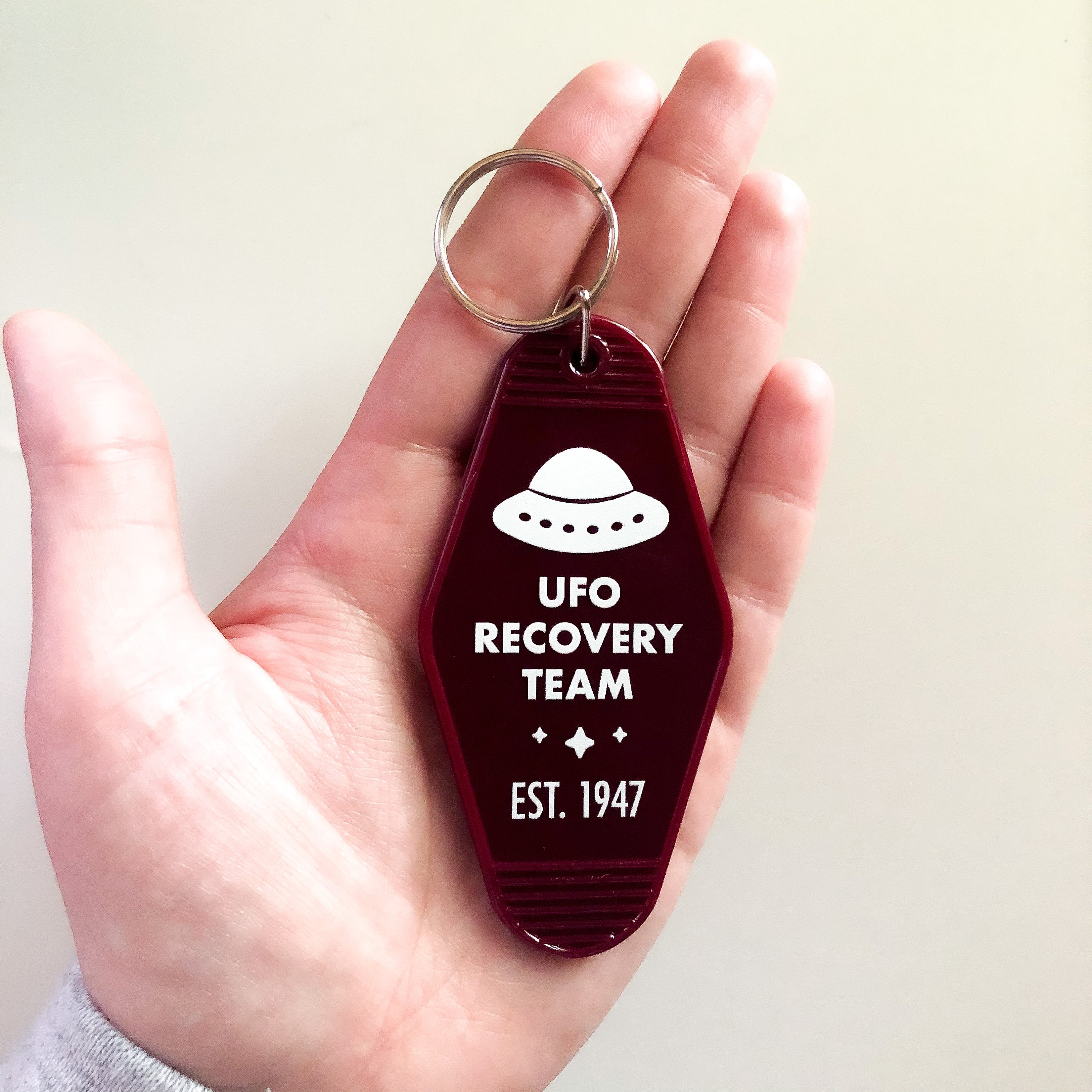 UFO Recovery Team Retro Burgundy Plastic Hotel Keychain // | Etsy