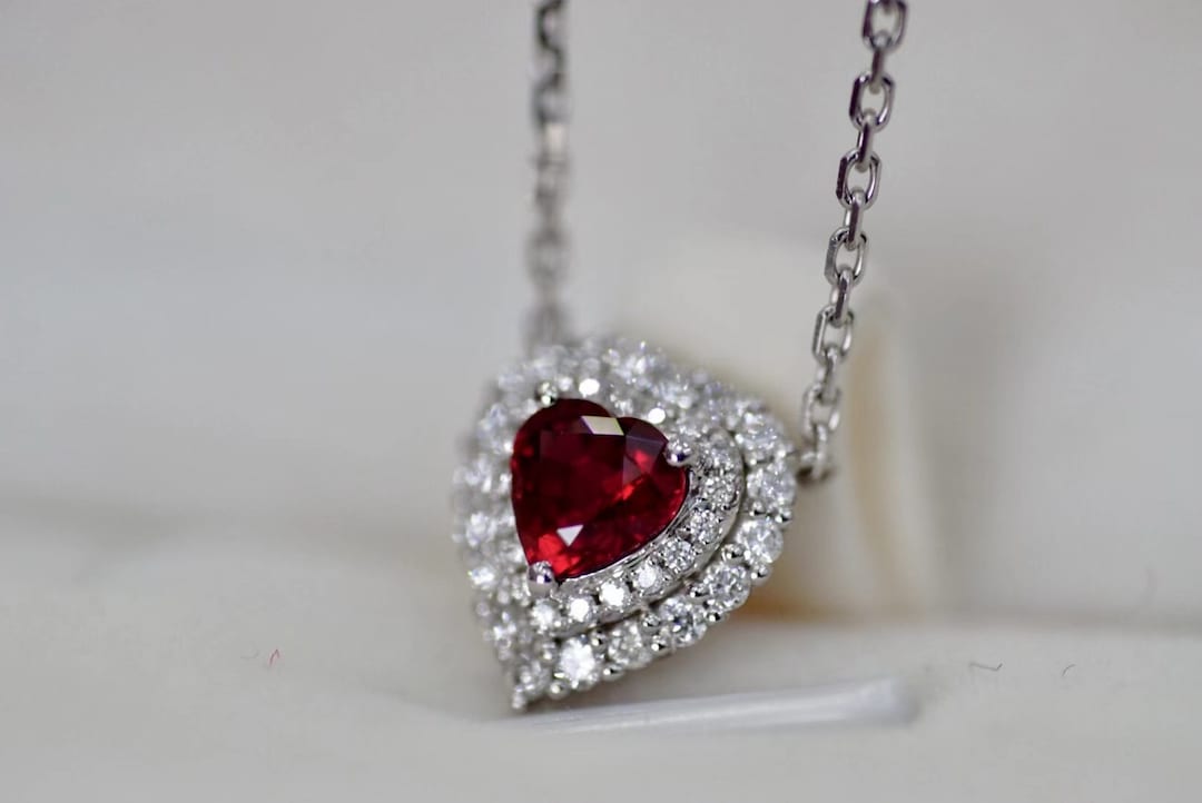 GRC Certified/heart Shape Ruby Necklace for Women/ 18k Solid Gold ...