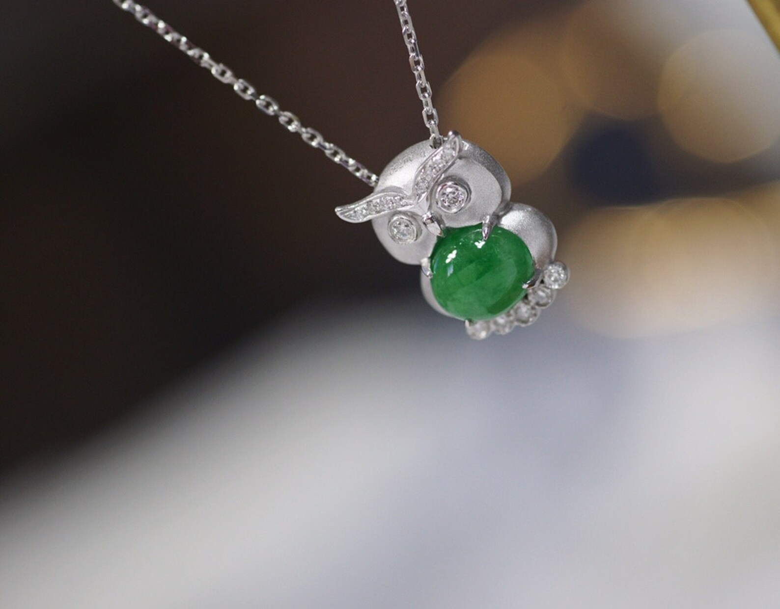 Green Jade Owl Necklace, Kawaii Owl Pendant Jade Necklace 18k White ...