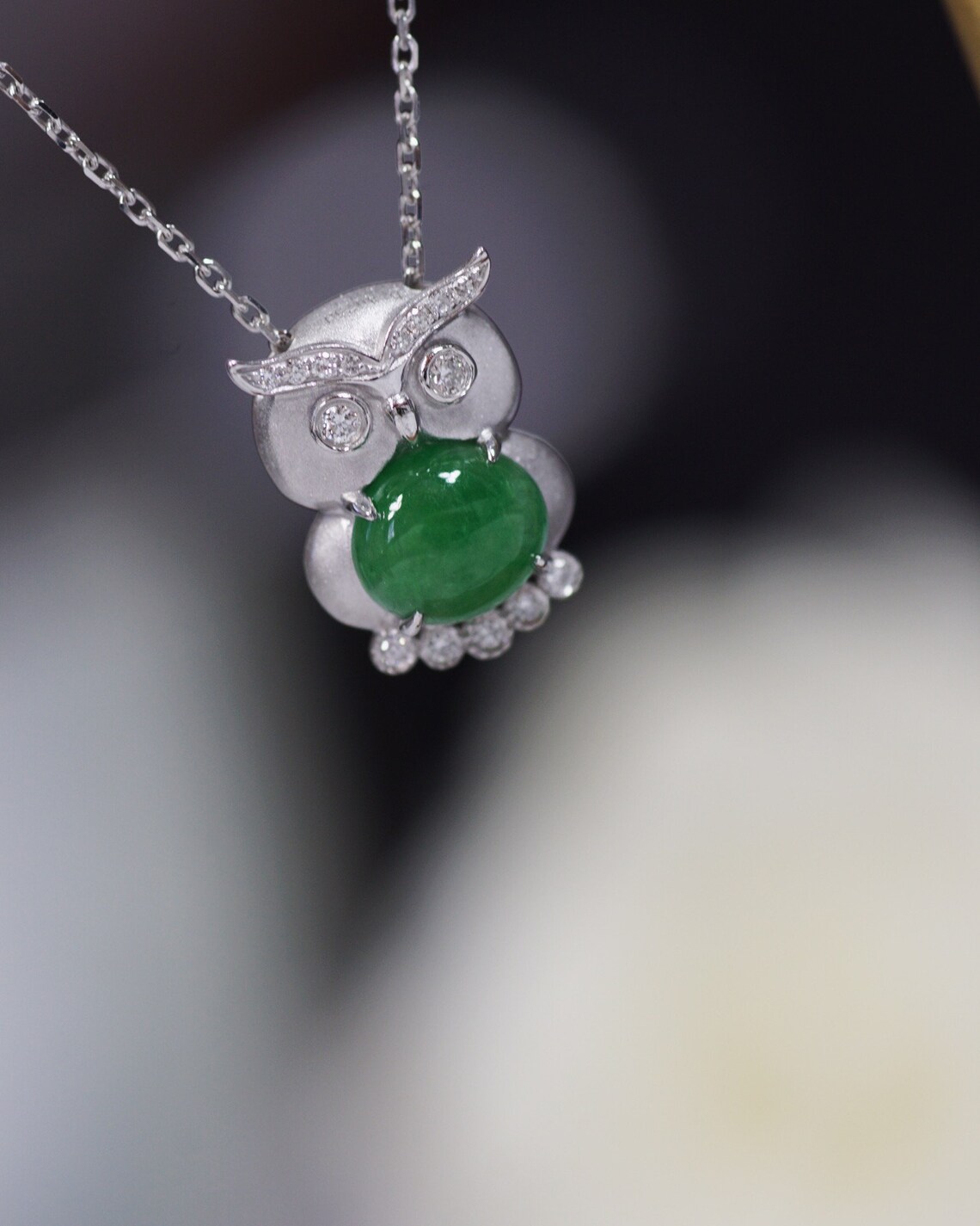 Green Jade Owl Necklace, Kawaii Owl Pendant Jade Necklace 18k White ...