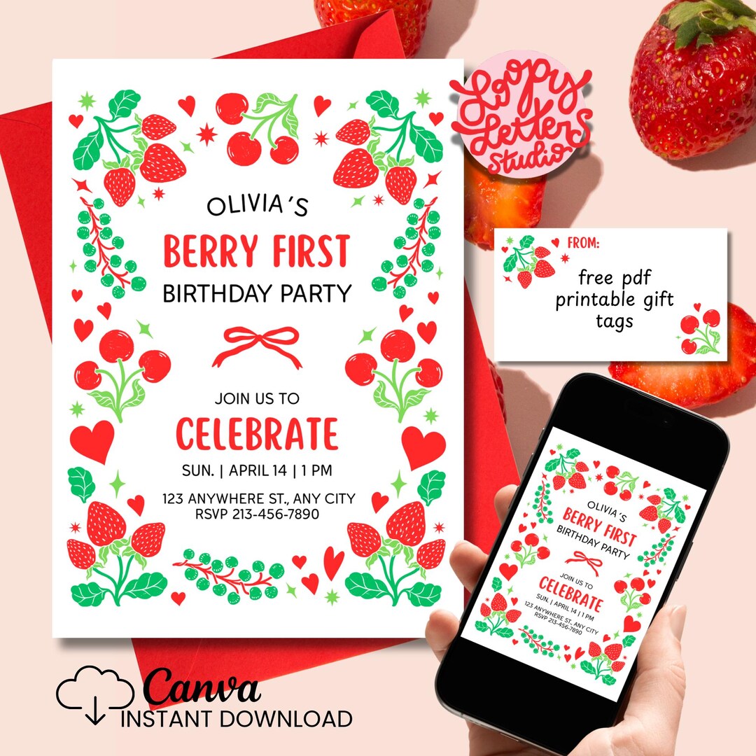 Berry First Birthday Invitation, Strawberry Cherry Invite (digital ...