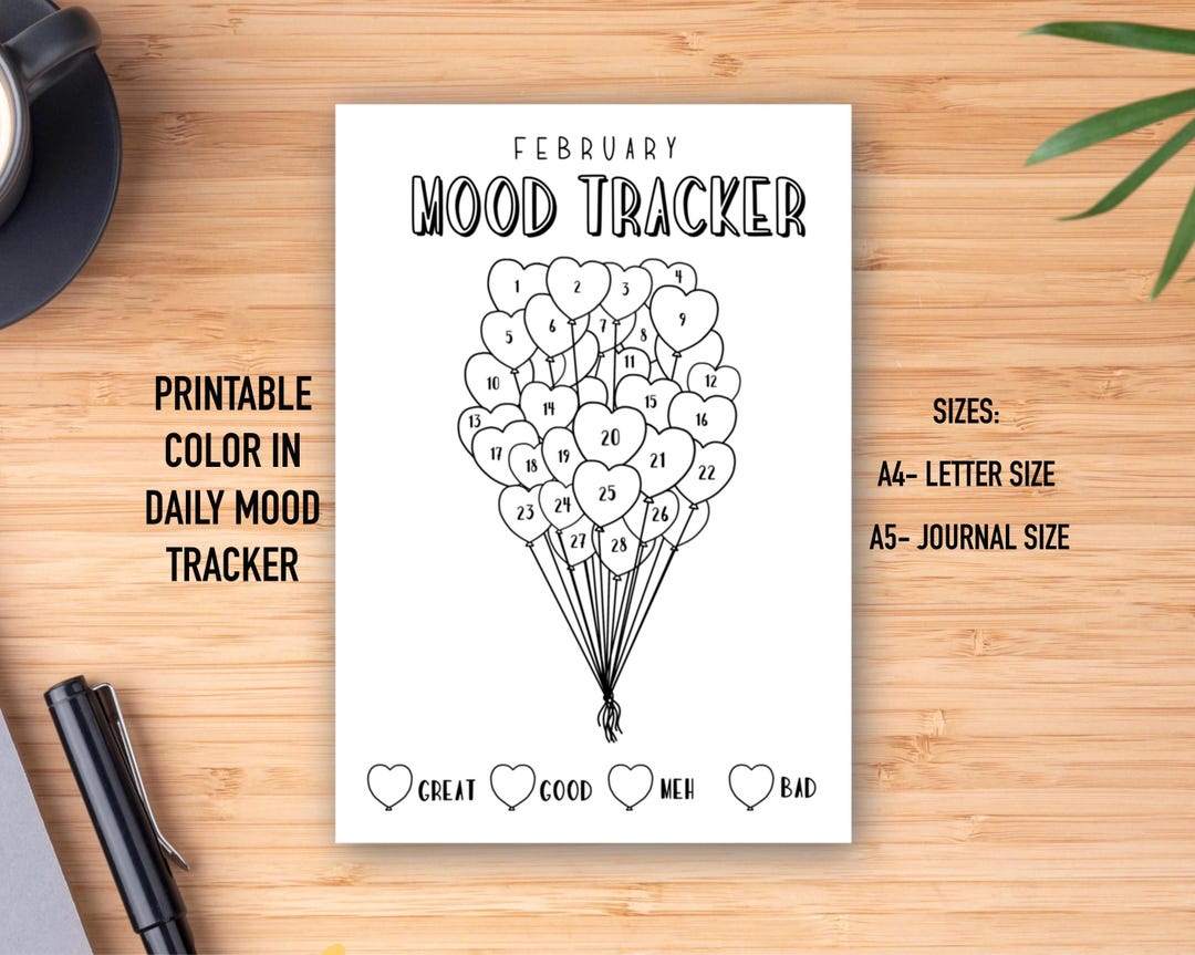Printable Mood Tracker, February Daily Mood Tracker, Heart Balloon Mood ...