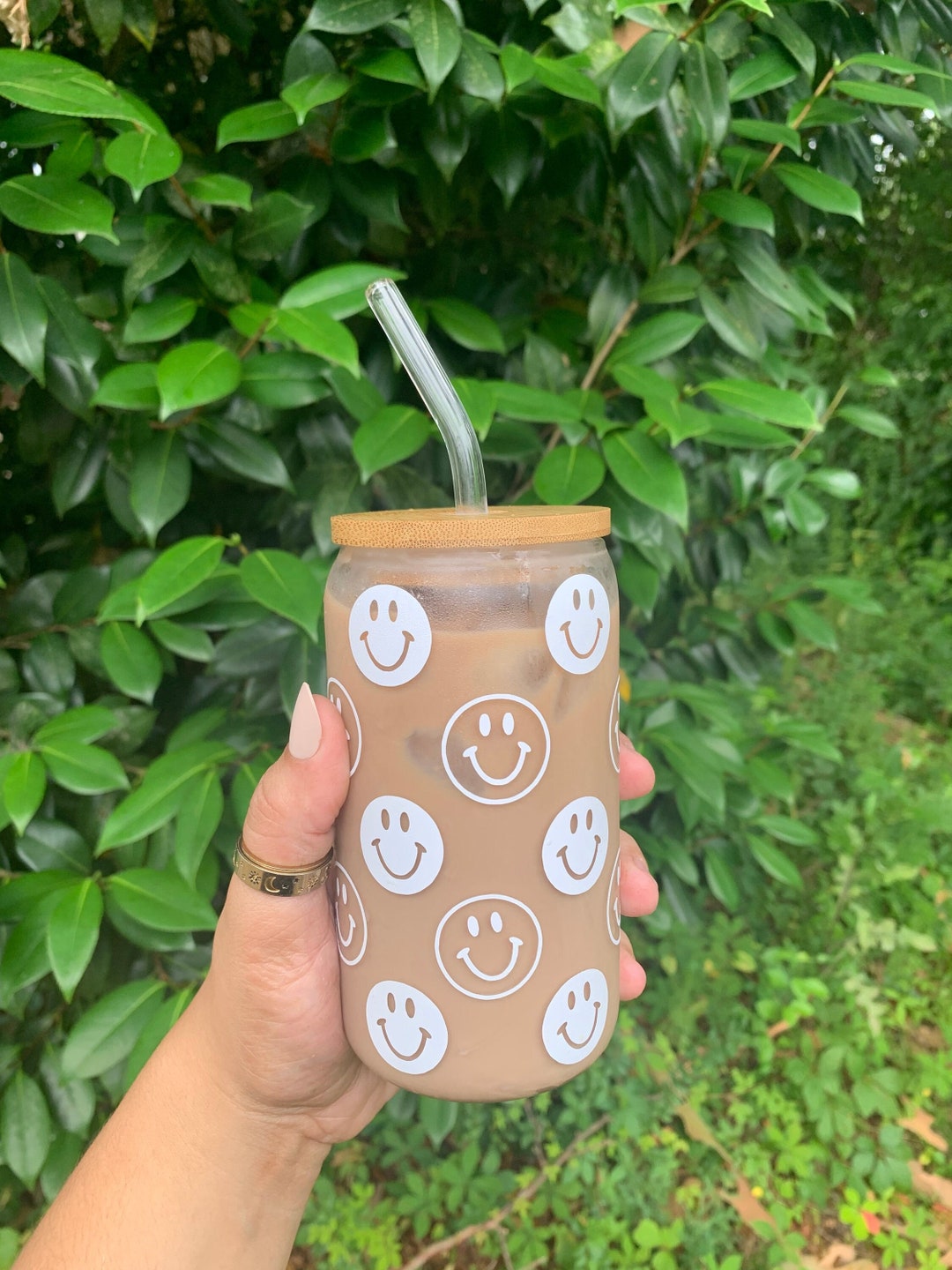 Smiley Face Pattern Glass Cup With Bamboo Lid and Glass Straw, Beer Can ...