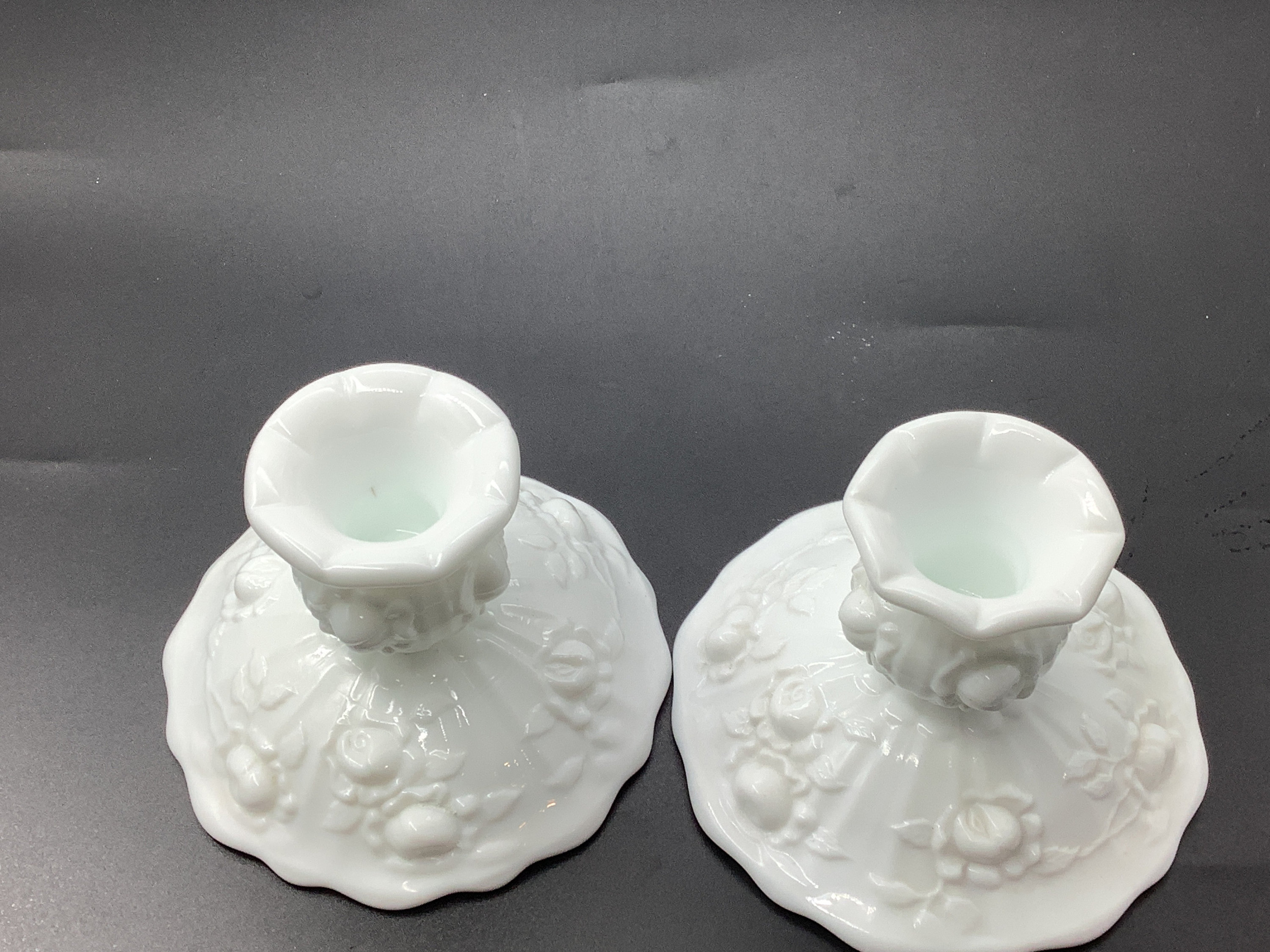 Vintage Fenton USA Glass Co Set 2pc White Milk Glass Cabbage Rose ...