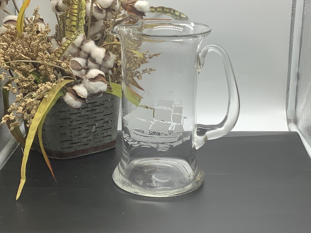 Vintage Tall Glass Water Tea Pitcher With Etched Cutter Sailing Ships ...