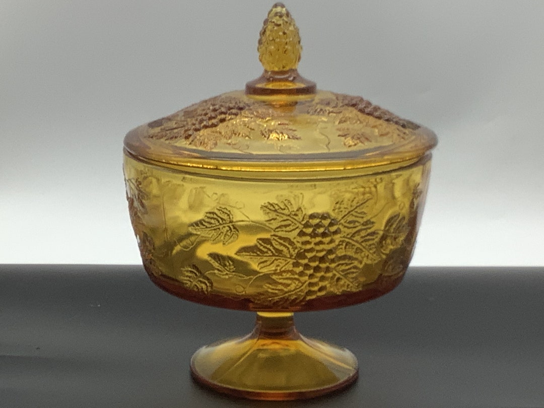 Vintage L.E. Smith Glass Co USA Amber Colonial Grape & Leaves Lidded ...