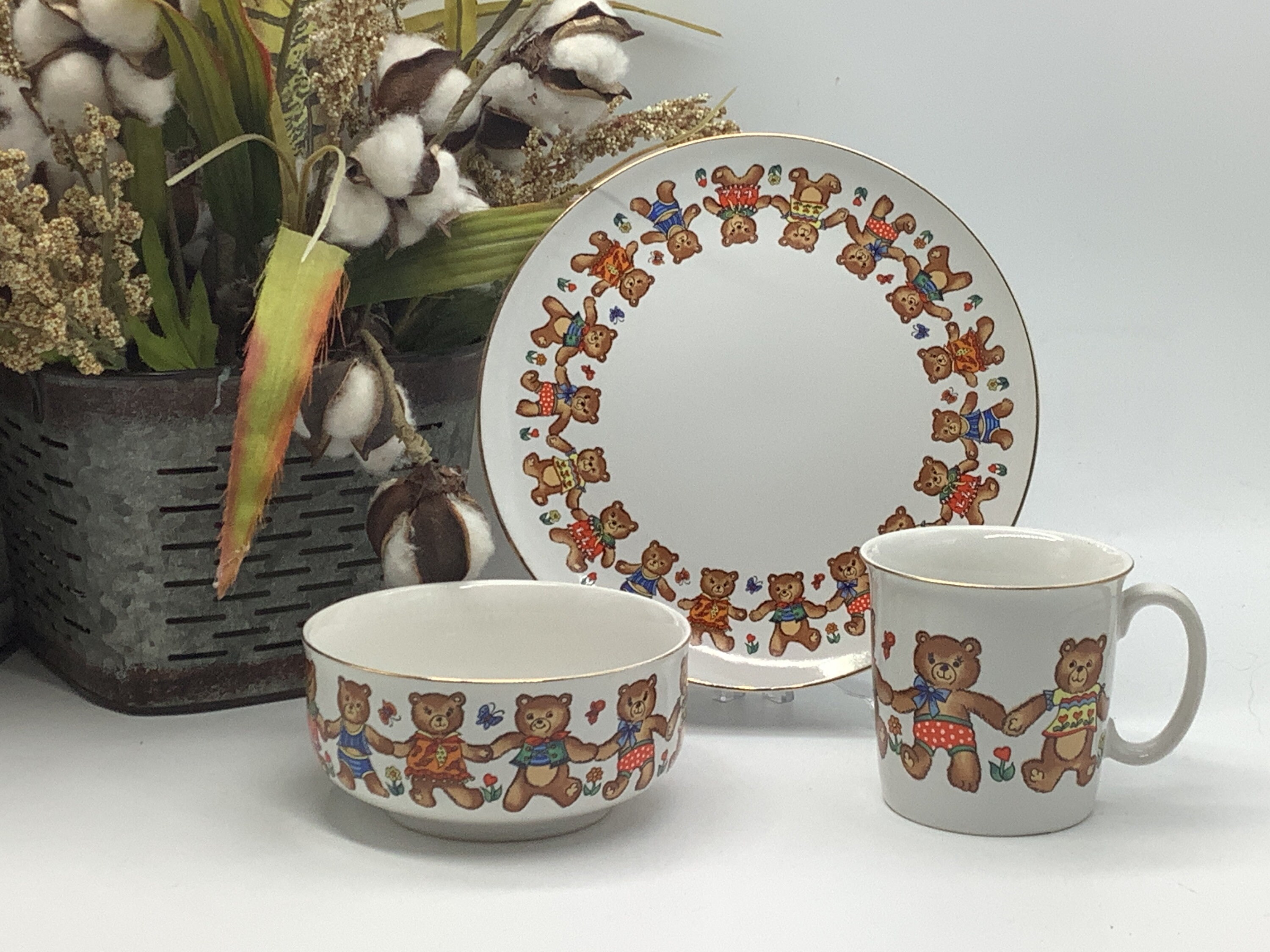Vintage Child’s Teddy Bear Set 3pc Dinner Set W Teddy Bears Bowl Plate ...