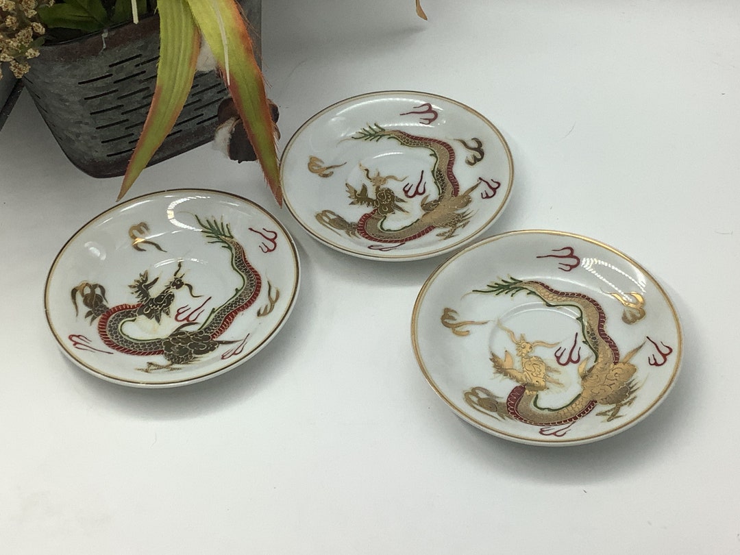Antique Kutani Japan Dragonware Saucers: Hand Painted Gold Moriage Set ...